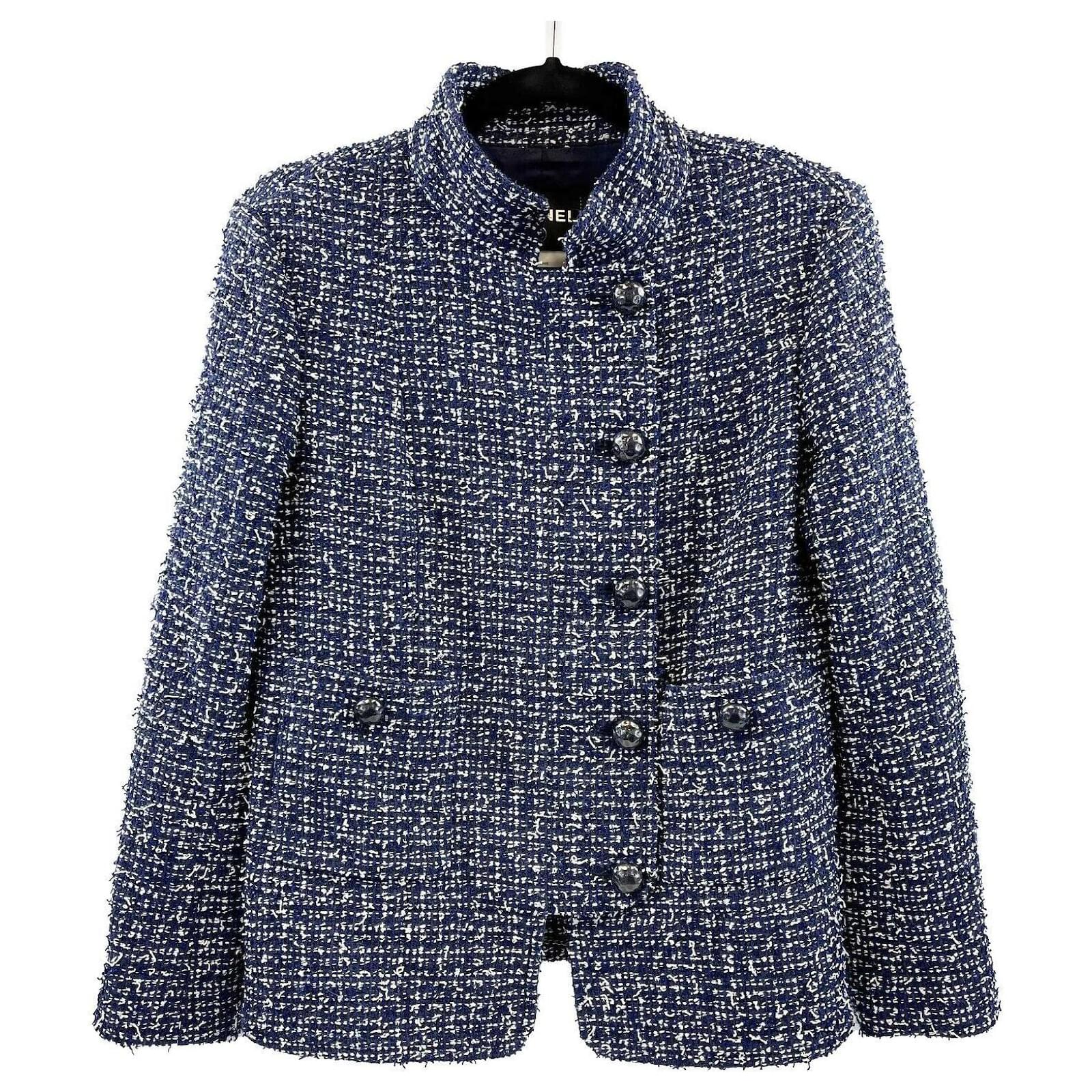 CHANEL - Tweed Military Collar Jacket - Blue / White Navy blue ...