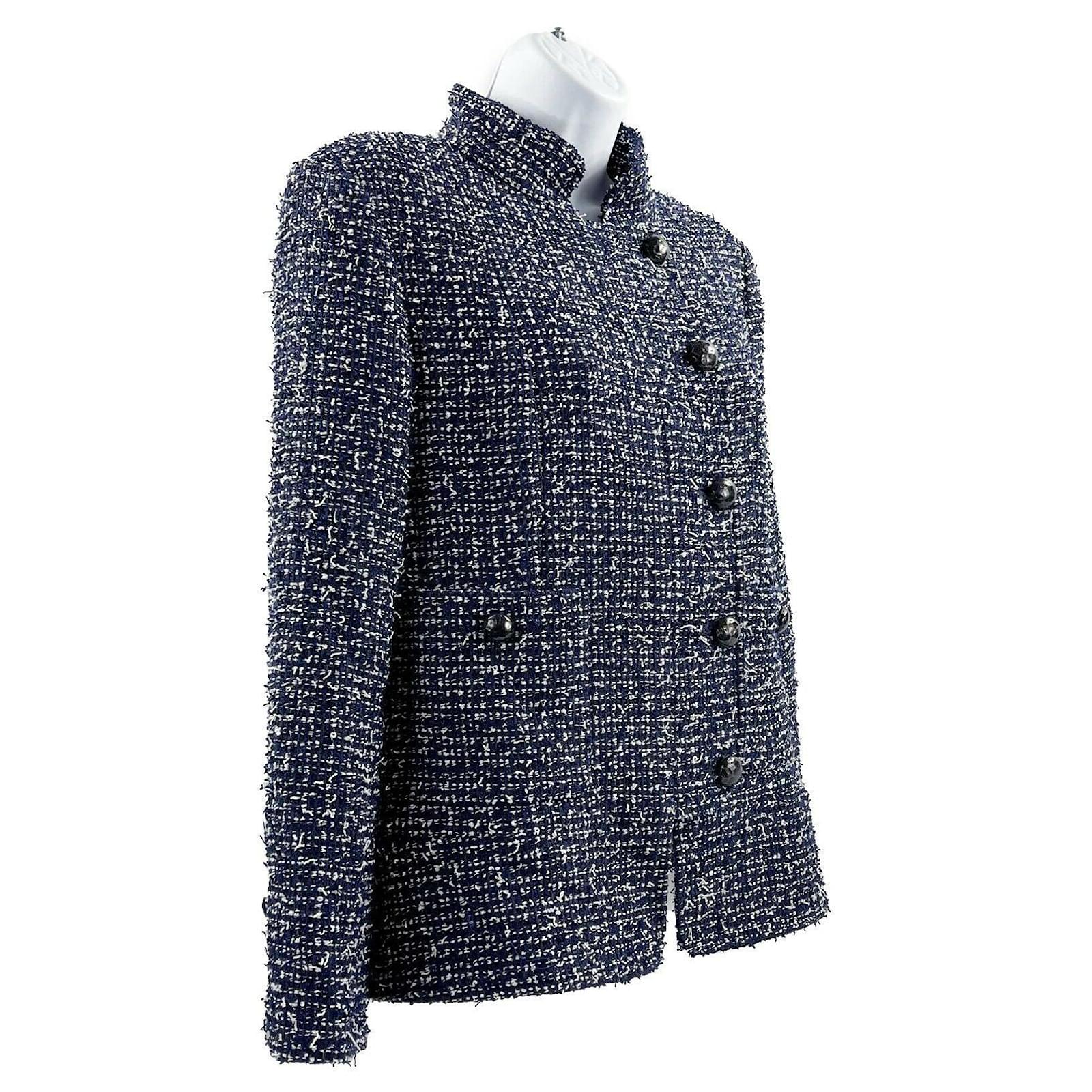 CHANEL - Tweed Military Collar Jacket - Blue / White Navy blue ...