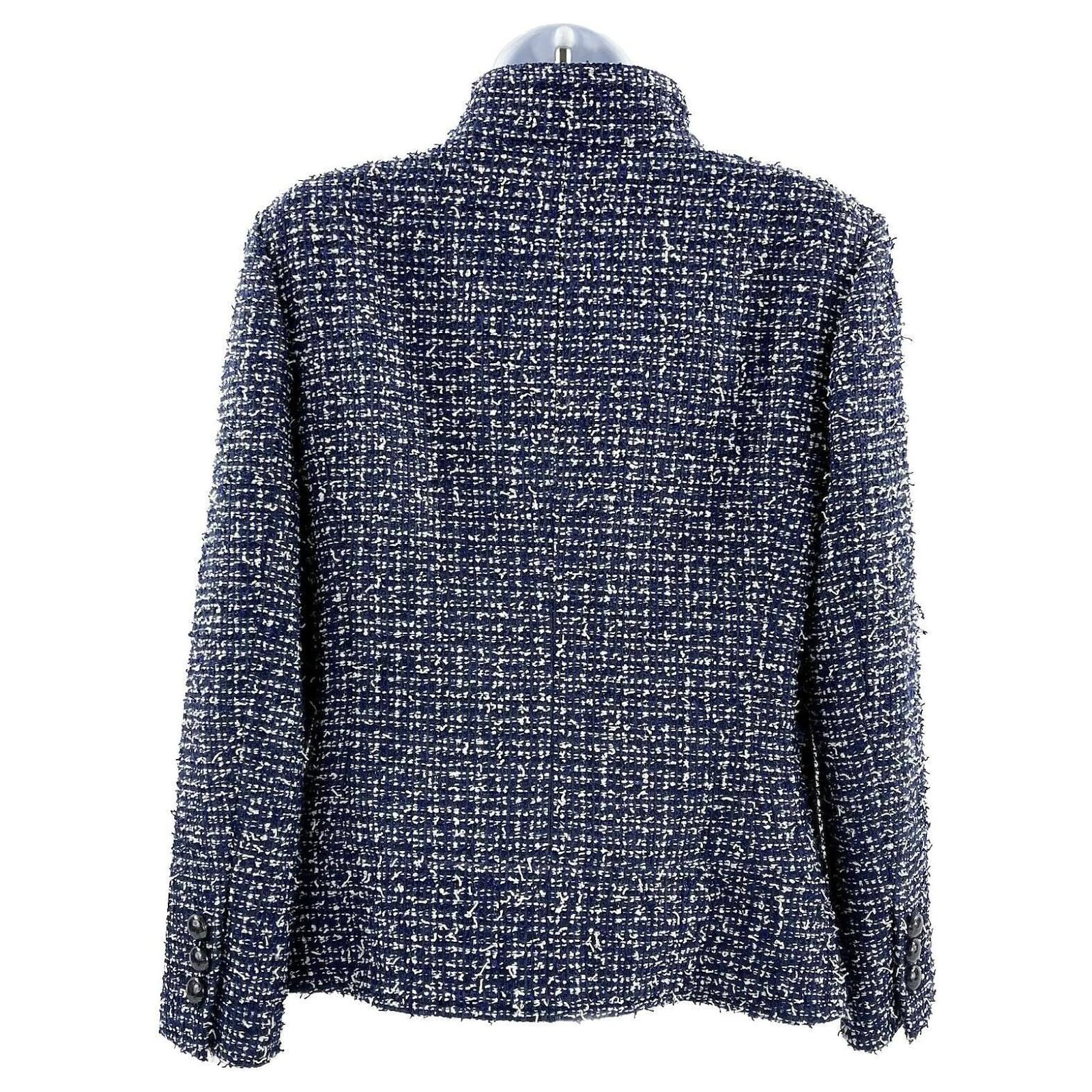 CHANEL - Tweed Military Collar Jacket - Blue / White Navy blue ...