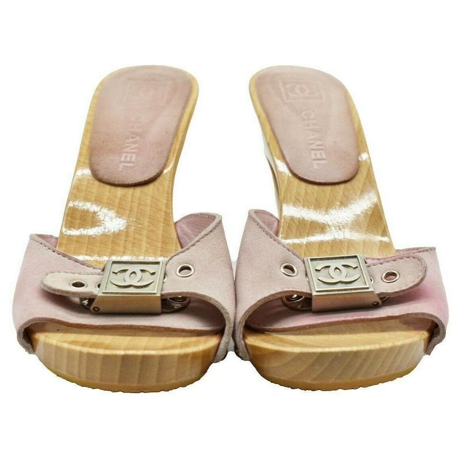 Chanel - Wood Slide Heels Sandals - Pink Suede CC Logo Buckle Leather ...