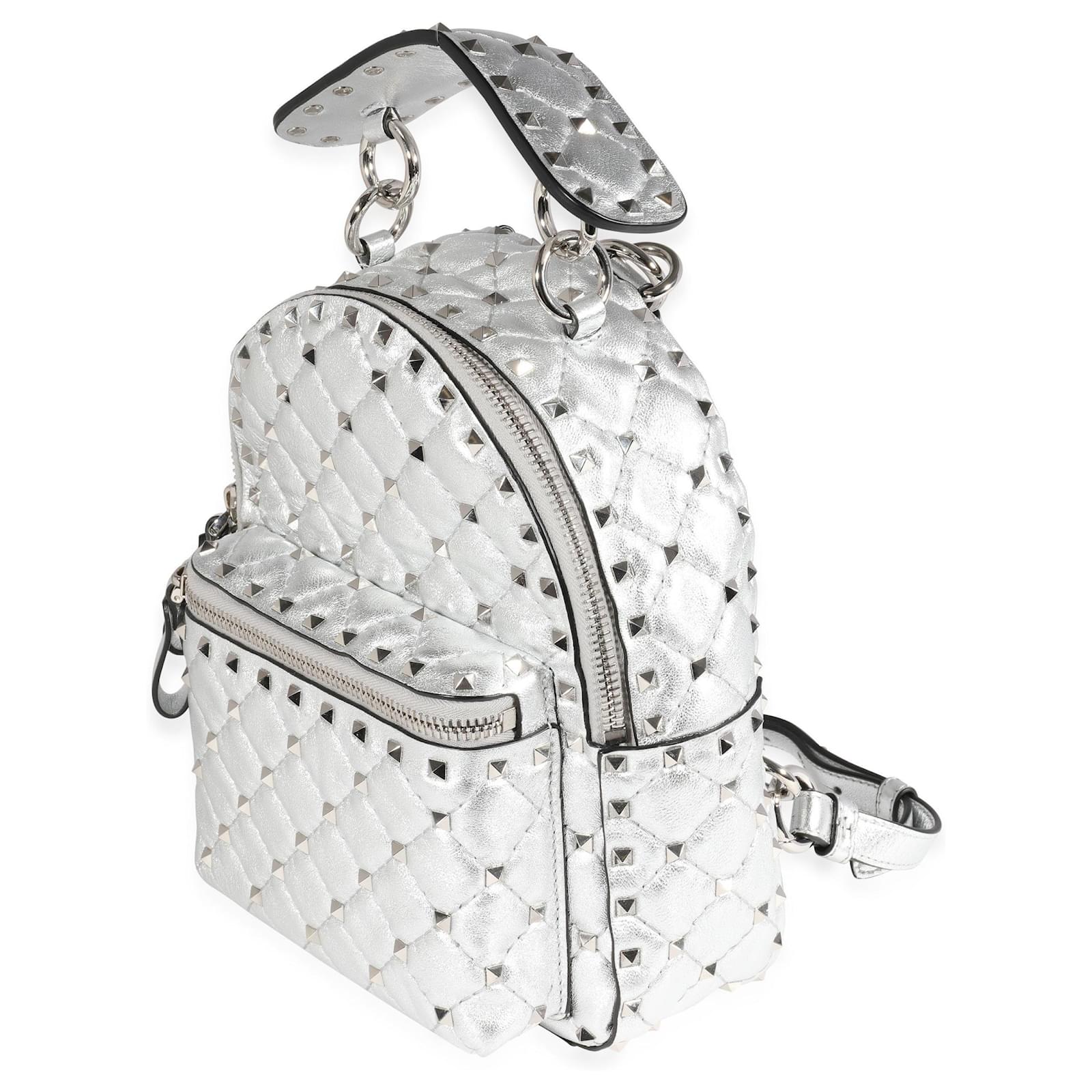 Valentino Metallic Silver Leather Rockstud Spike Mini Backpack Grey ref ...