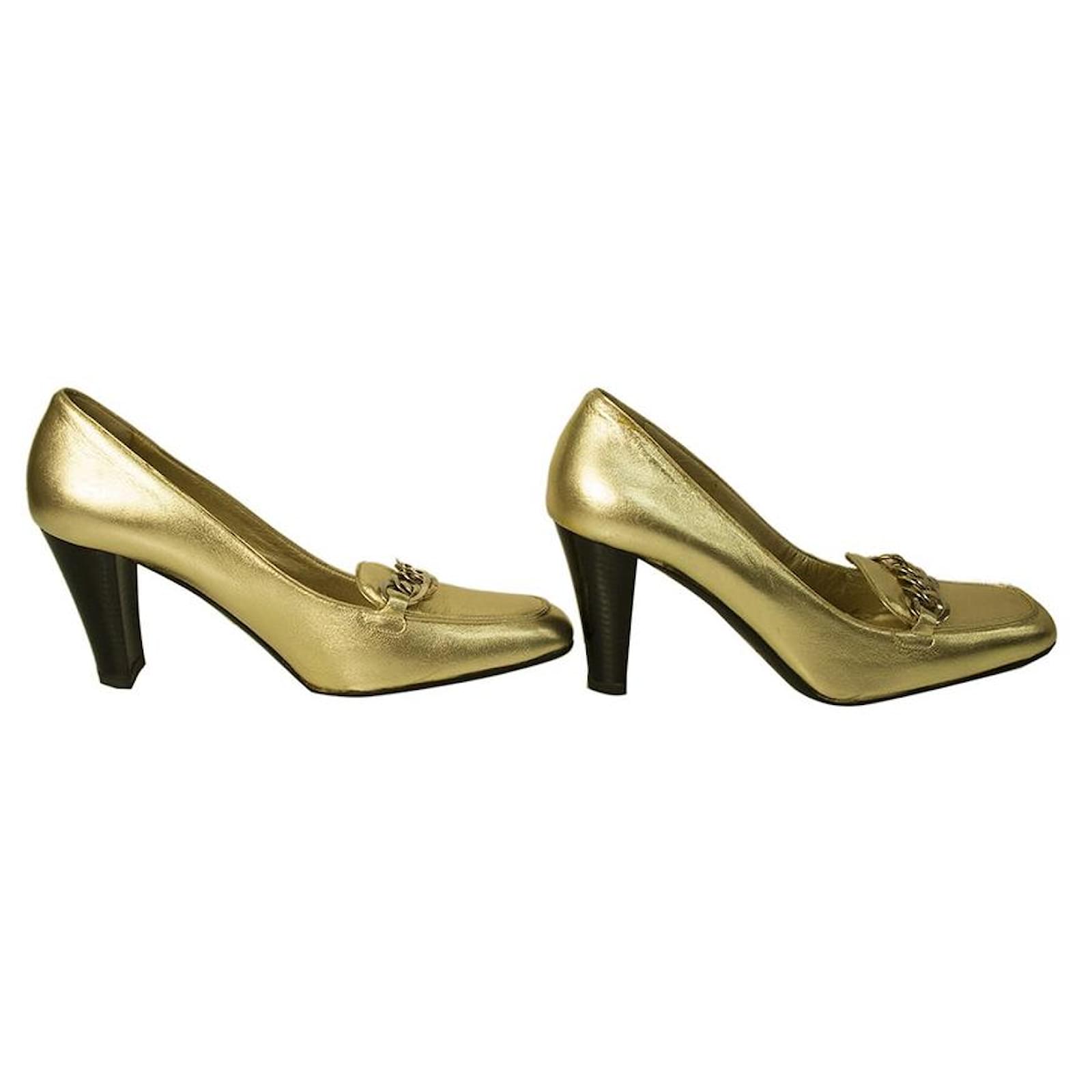 Valentino Gold Leather Chain Moccasin Loafer Pumps Heels Shoes size 39 ...