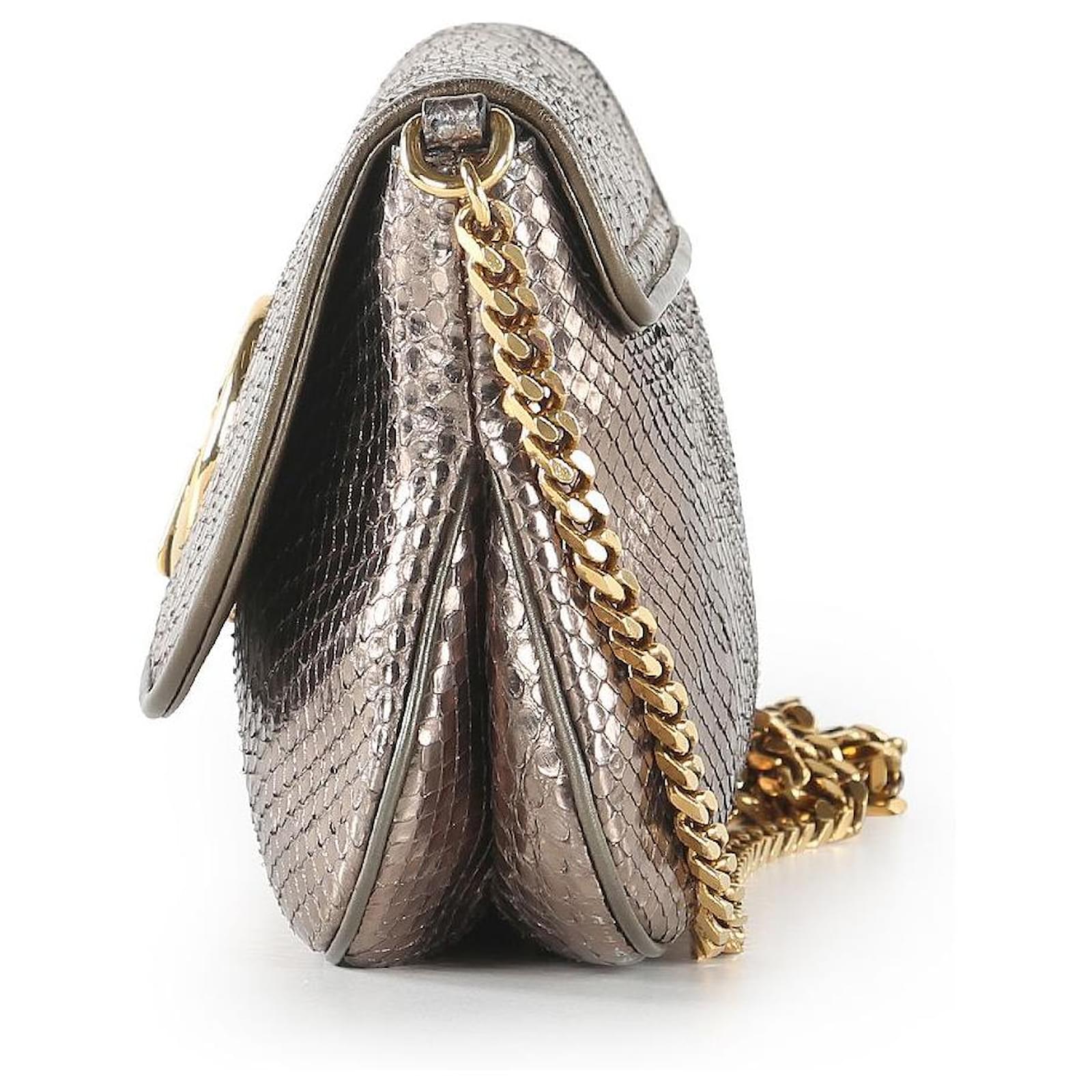 Gucci Bronze Snakeskin Leather Bag With Gold GG Logo Metallic ref ...