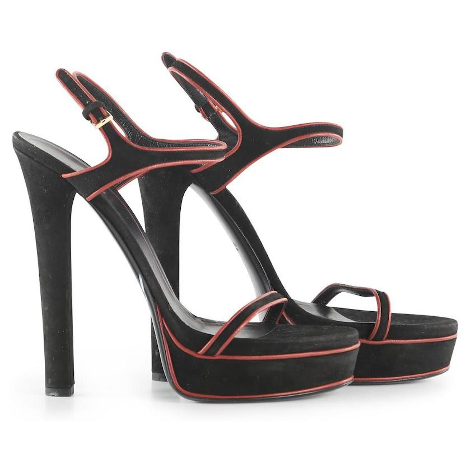Sandales à plateforme à bout ouvert en daim noir et cuir bordeaux Gucci ...