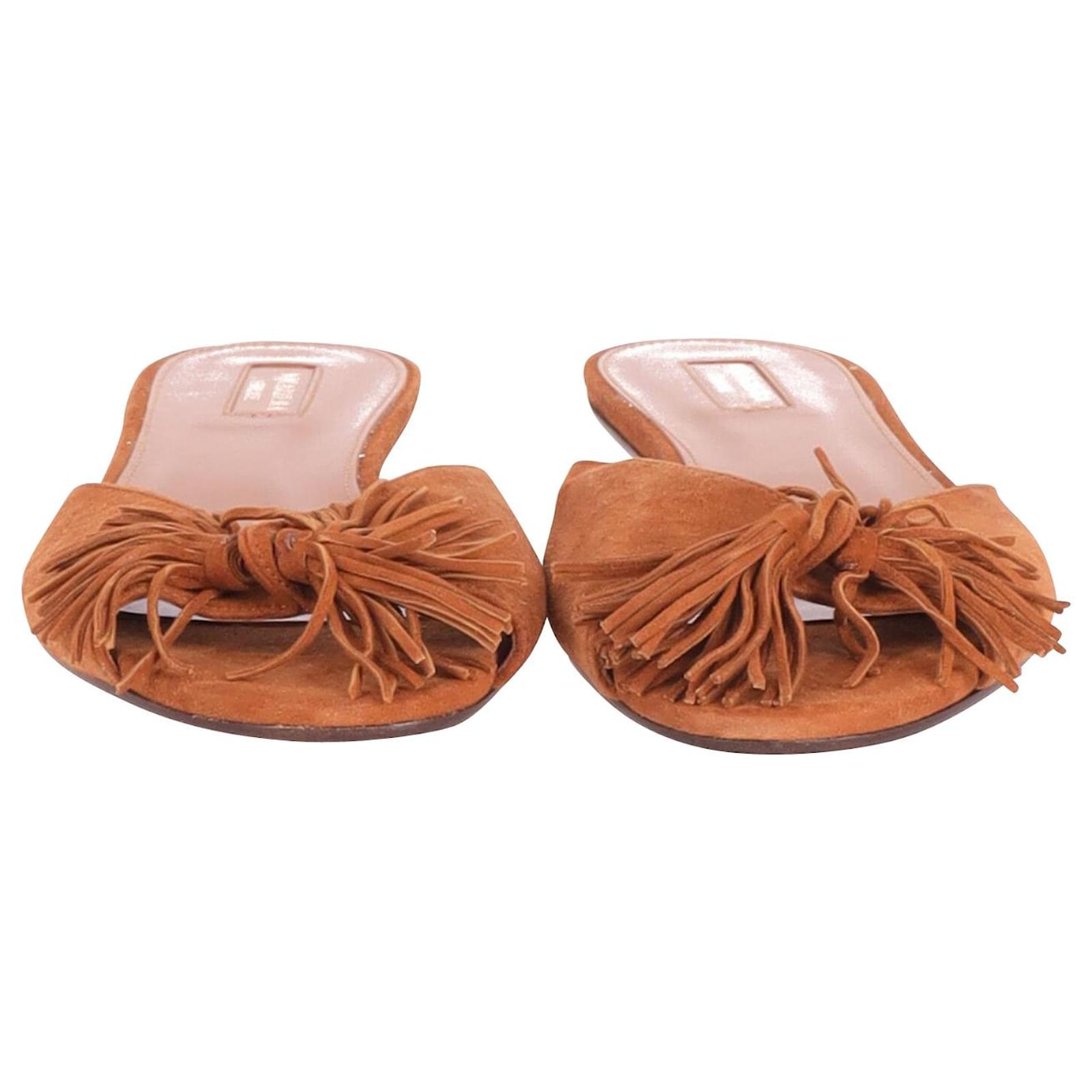 Aquazzura Ballerines Plates Peep Toe à Franges en Daim Marron Suede ref ...