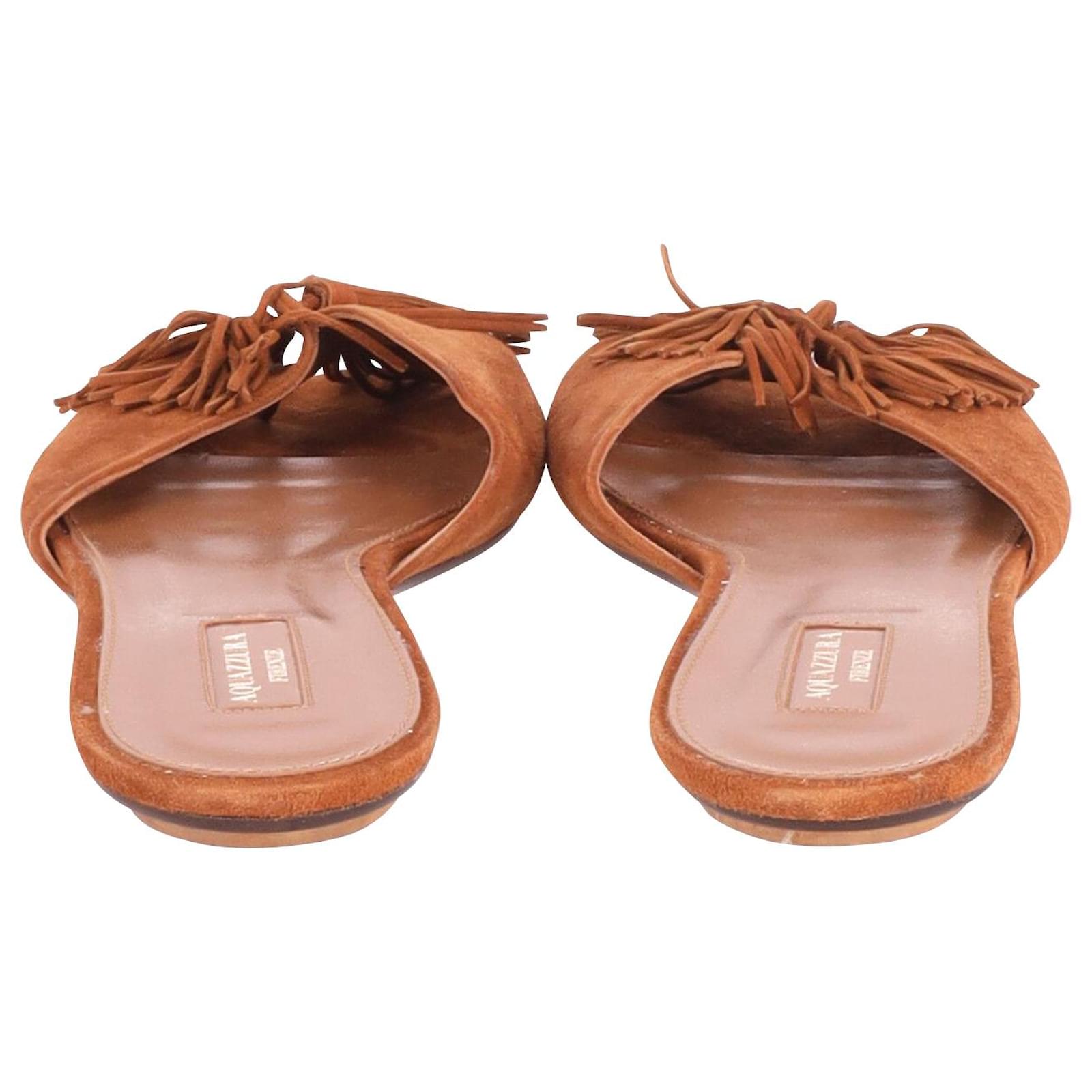 Aquazzura Ballerines Plates Peep Toe à Franges en Daim Marron Suede ref ...