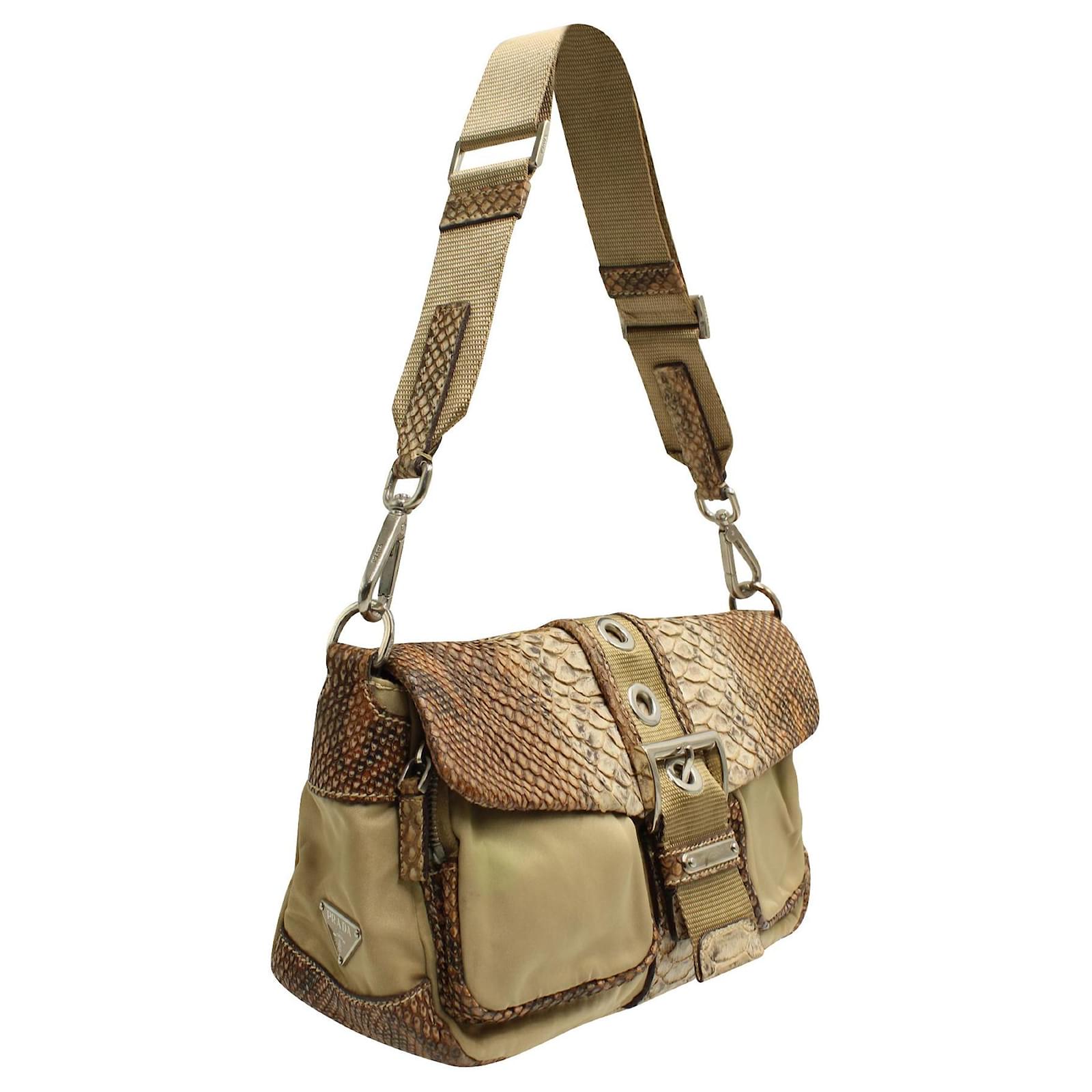 Prada Tessuto Python-Trimmed Shoulder Bag in Brown ref.681854 - Joli Closet