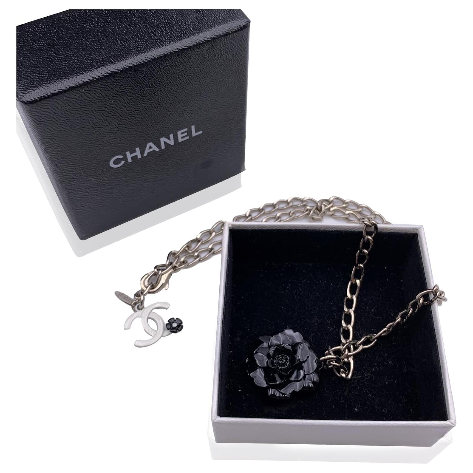 Chanel Silver Metal Chain Necklace Black Camellia CC Logo Pendants ...