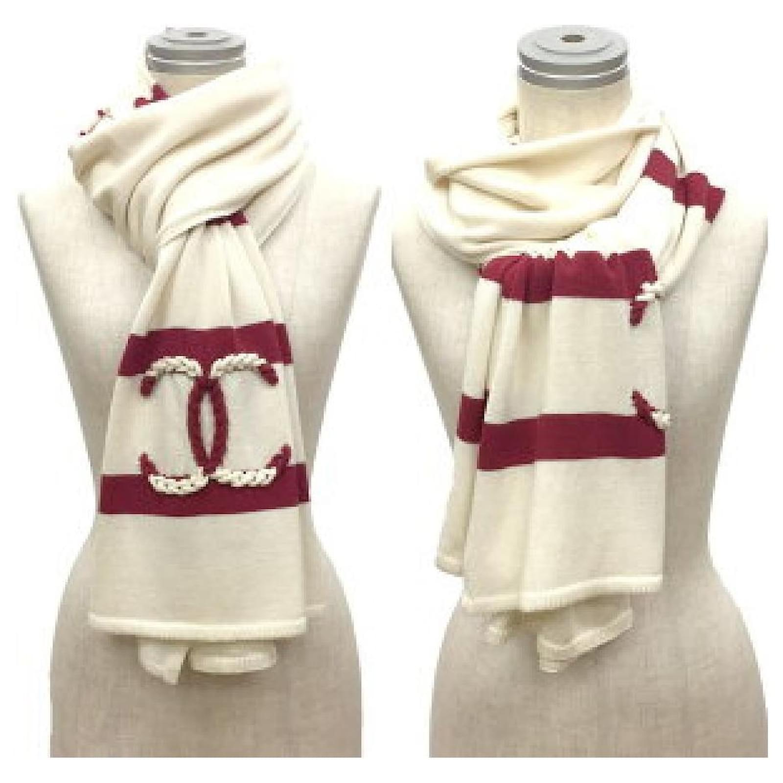 *CHANEL border knit scarf stall Cocomark Ivory x Red Silk Cashmere Wool ...