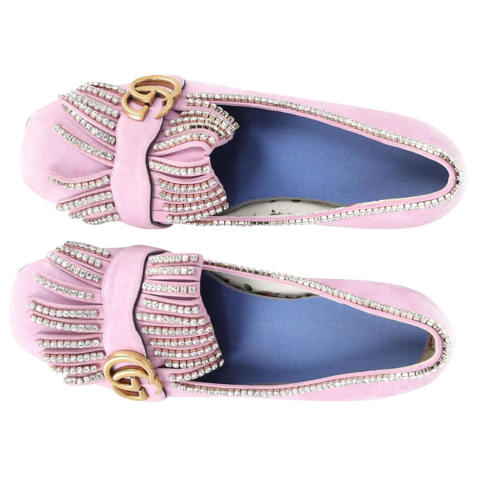 Gucci Mocassins Marmont Ornés de Cristaux en Daim Rose Suede ref.697195 ...