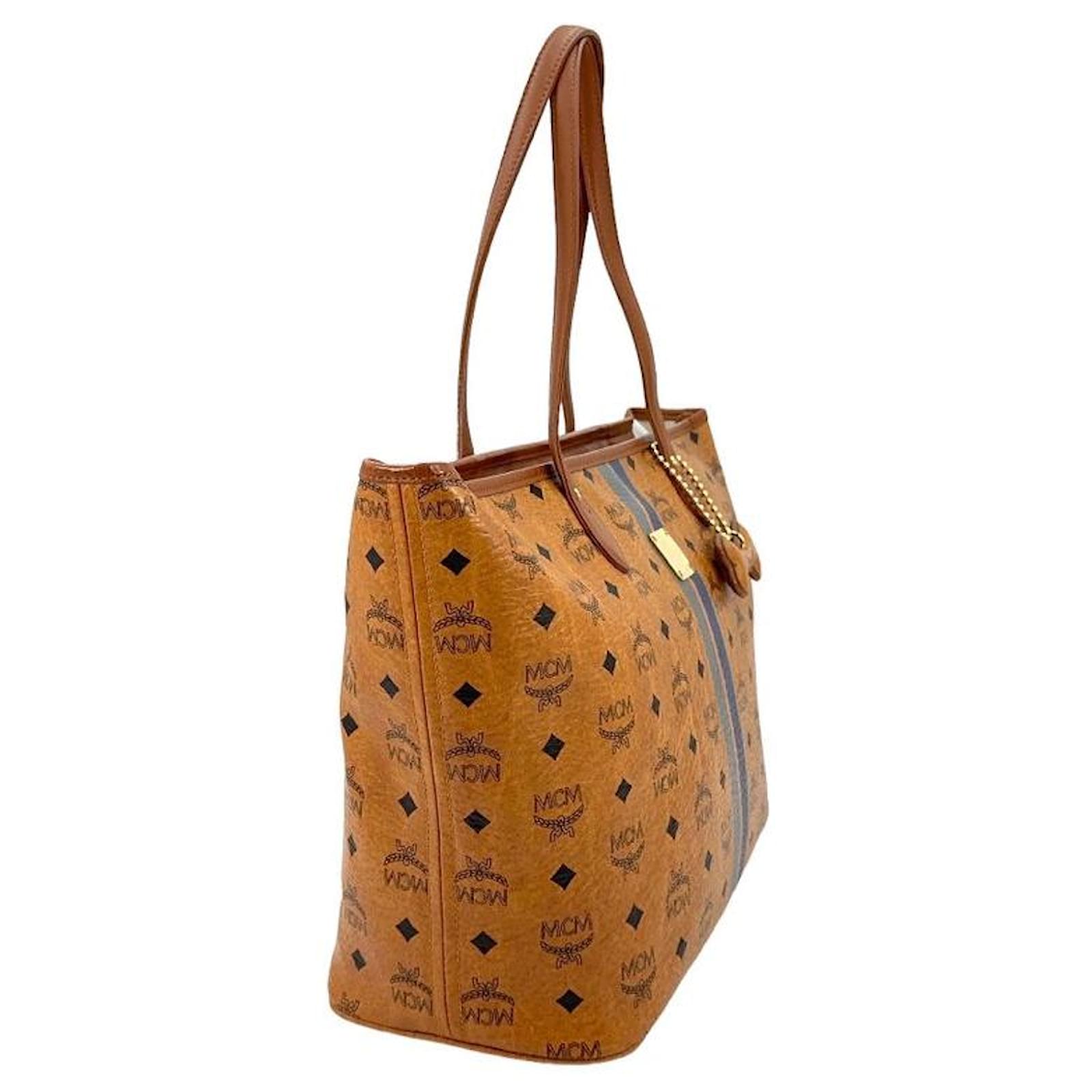 MCM VISETOS SHOPPER MEDIUM COGNAC STRIPE + ANHÄNGER ref.715426 - Joli ...