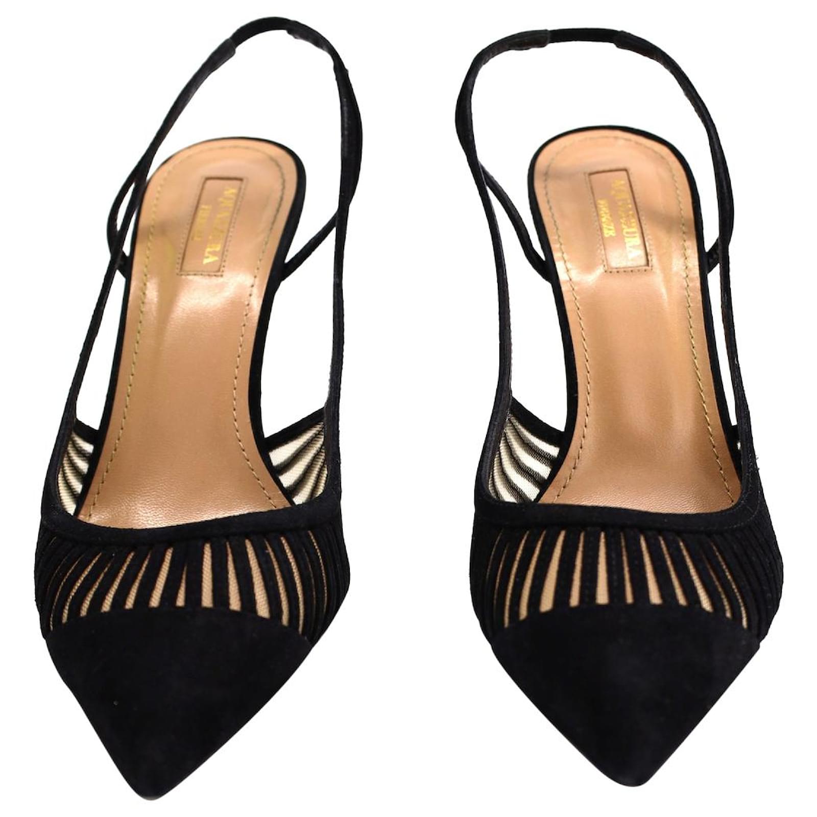 Aquazzura Zana 95 Escarpins Slingback en Daim Noir Suede ref.715804 ...