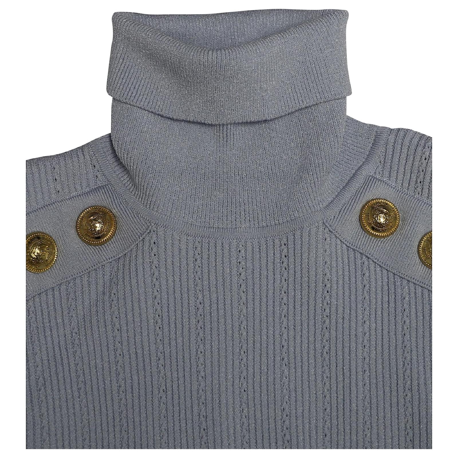 Balmain Pull Côtelé à Boutons Embossé en Viscose Bleu Clair Fibre de ...
