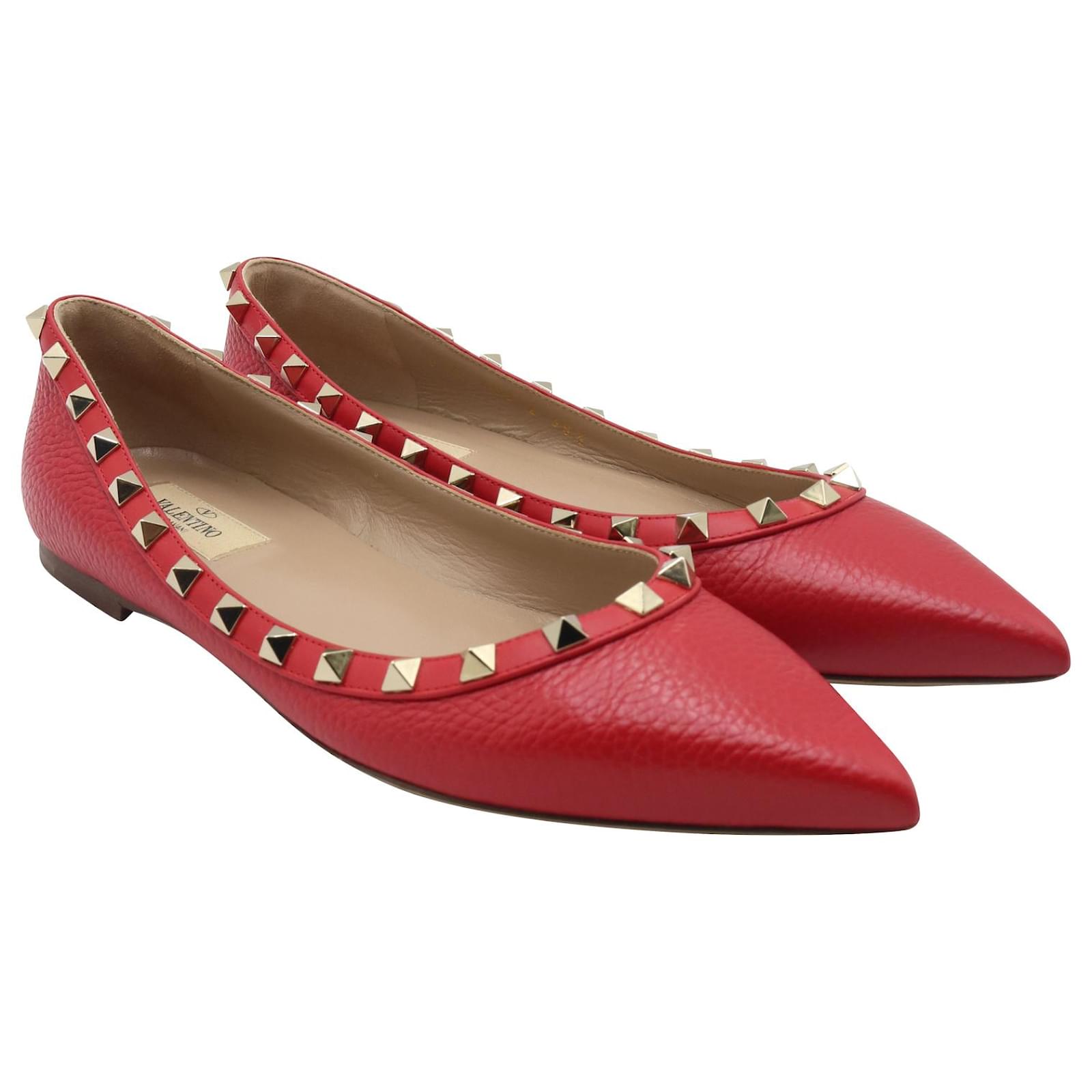 Valentino Garavani Rockstud Ballerina Pointed Flats in Red Calf Leather ...