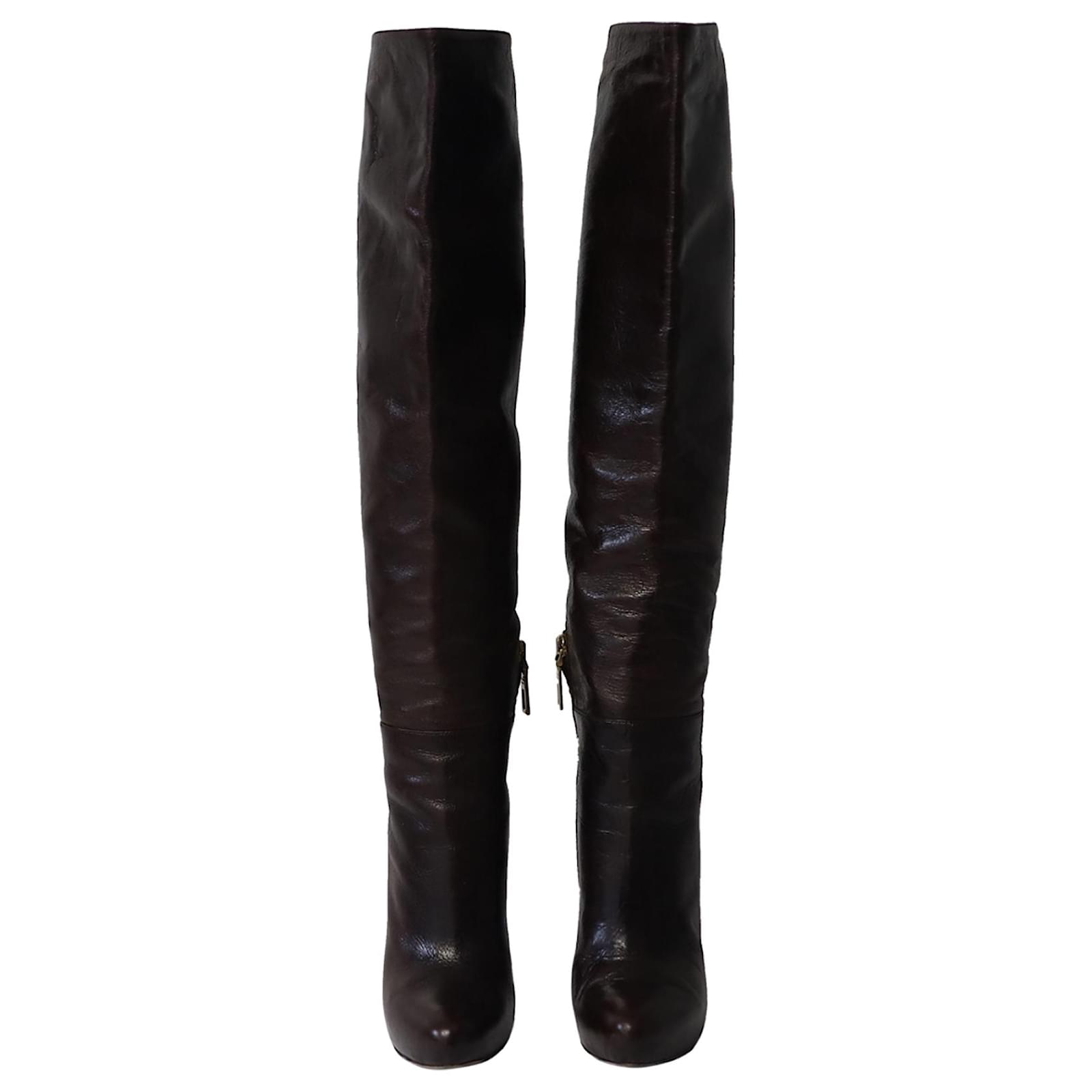 Bottes Prada à Talons Hauts au Genou en Cuir Marron ref.729760 - Joli ...