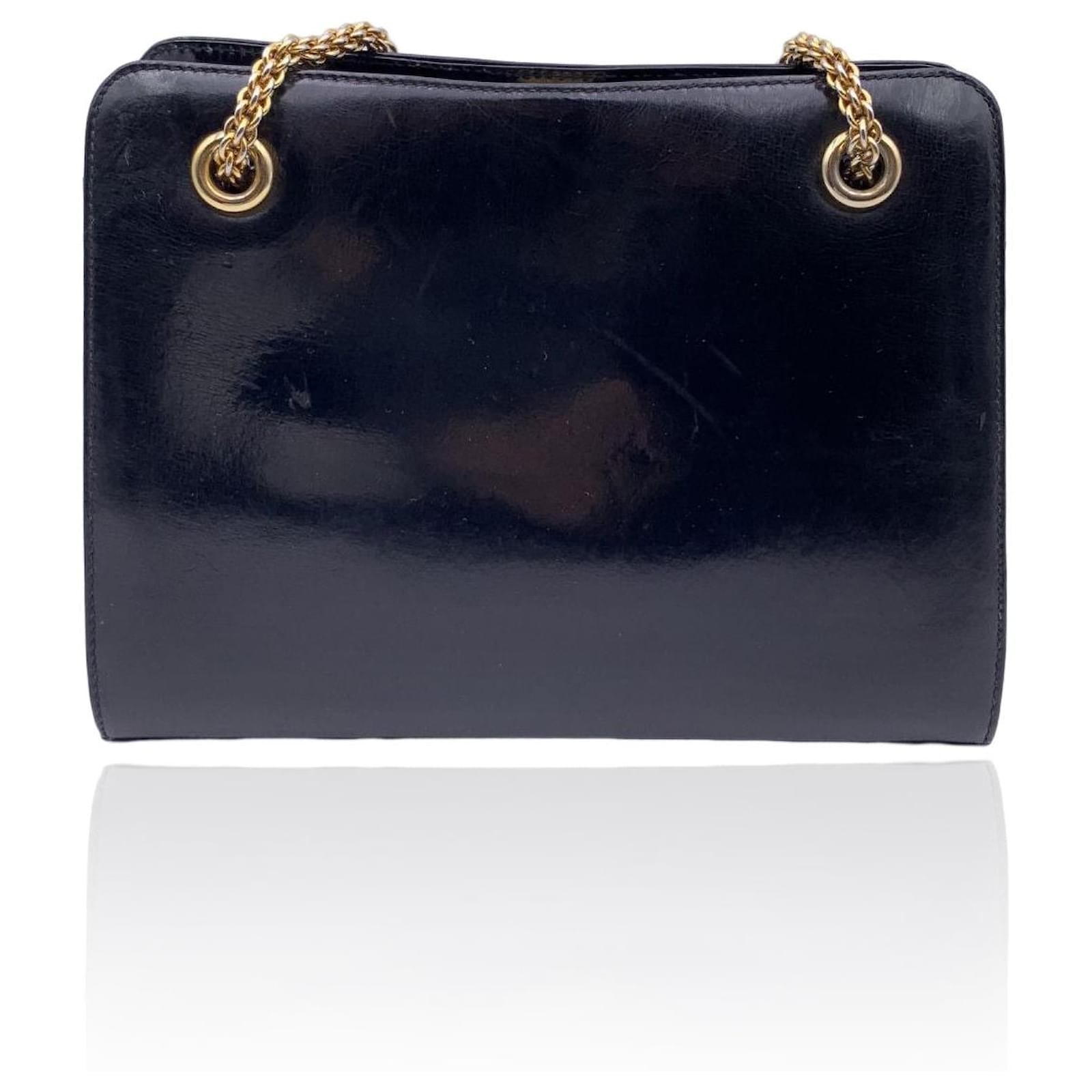 Gucci Giorgio Vintage Black Leather Handbag Chain Handles Bag ref ...