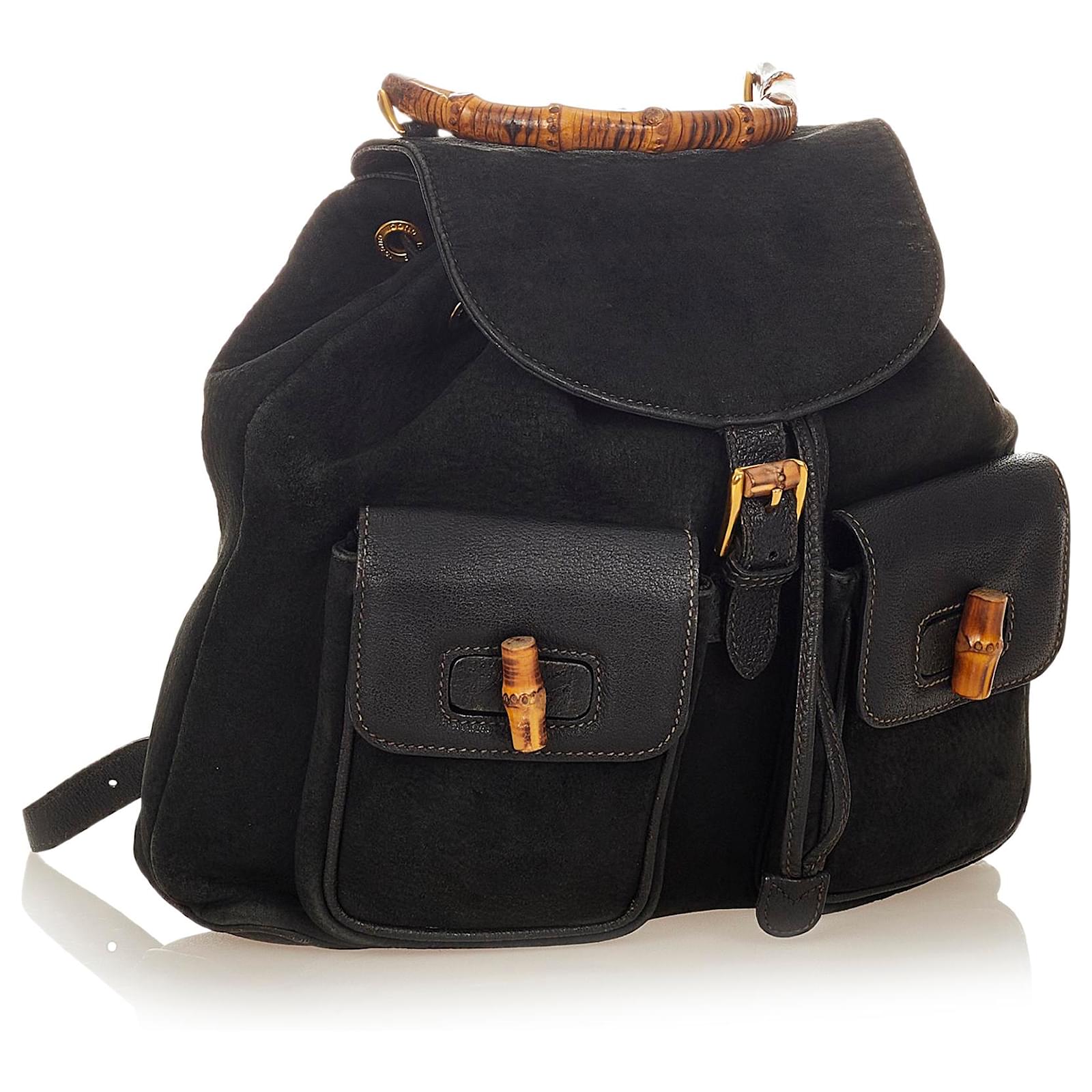Gucci Black Bamboo Suede Drawstring Backpack Leather Pony-style ...