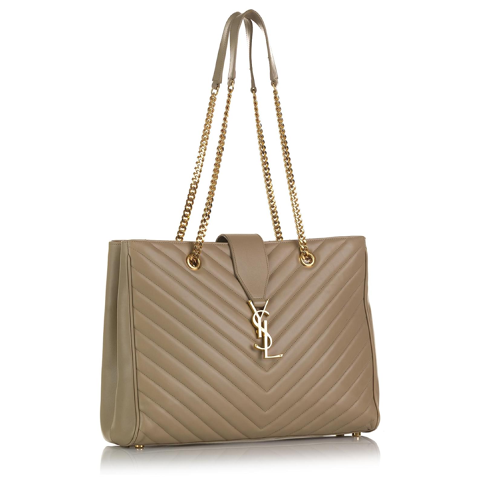 Saint Laurent Brown Monogram Cassandre Chevron Shopper Tote Beige ...