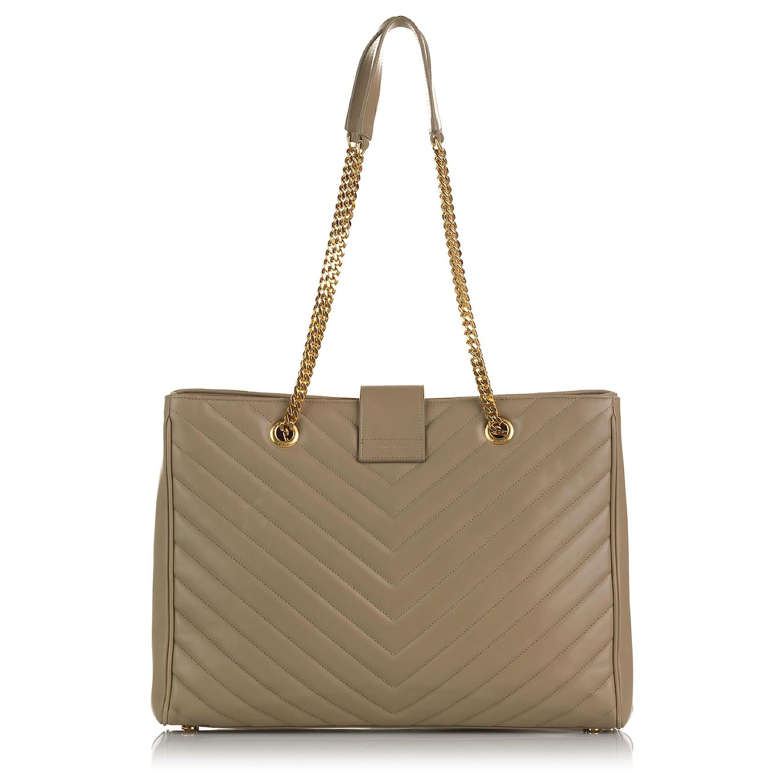 Saint Laurent Brown Monogram Cassandre Chevron Shopper Tote Beige ...