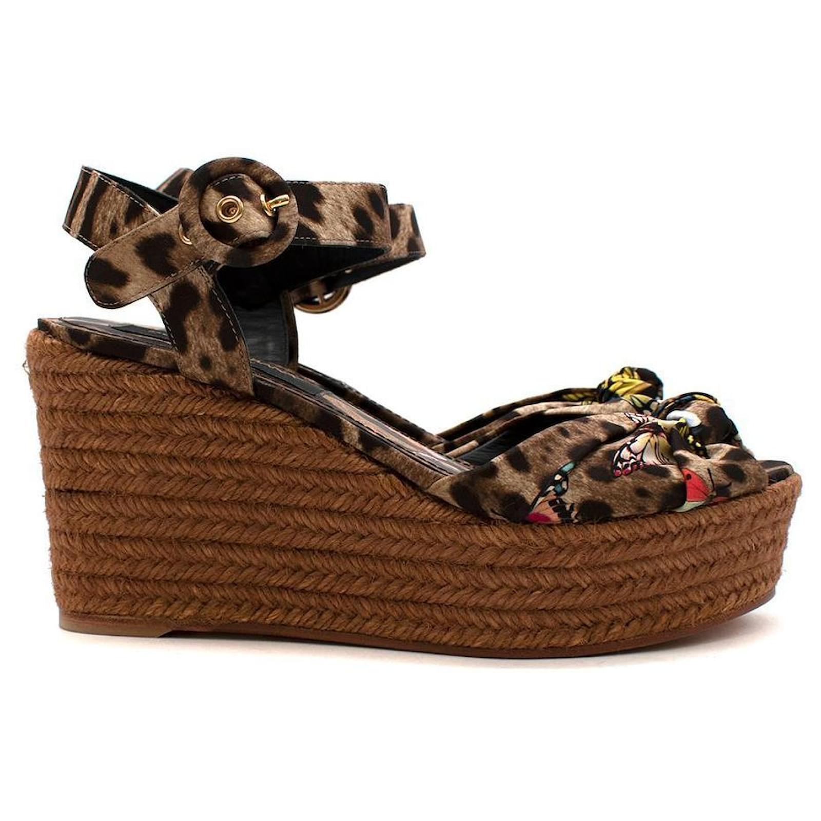 Dolce & Gabbana Leopard Print Jute Wedges Brown Leather ref.785874 ...