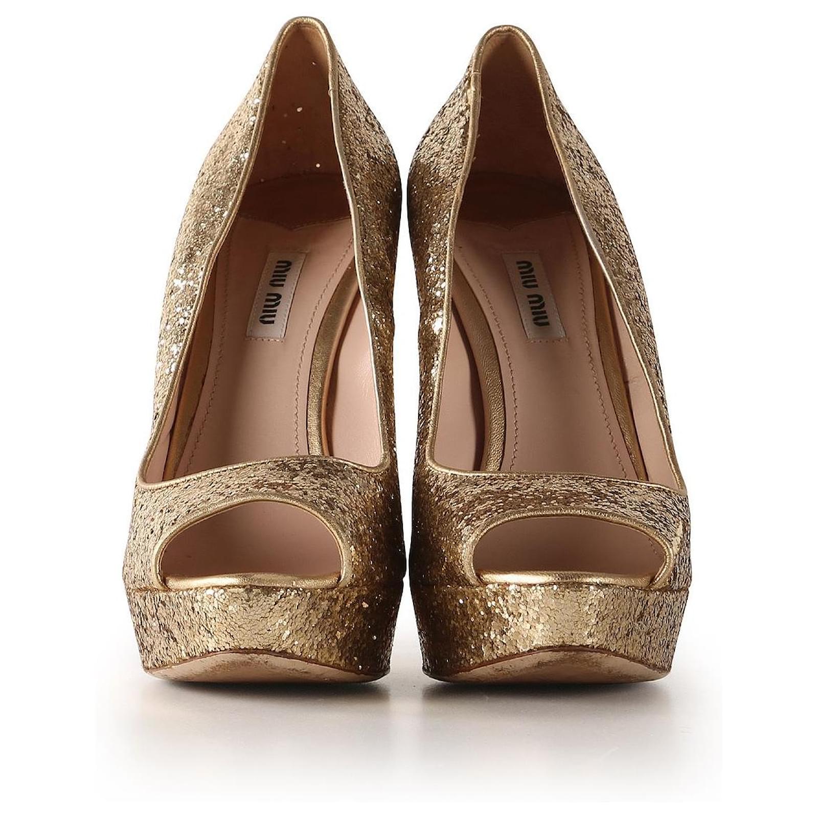 Escarpins Peep Toe à plateforme et paillettes dorées Miu Miu Métallisé ...