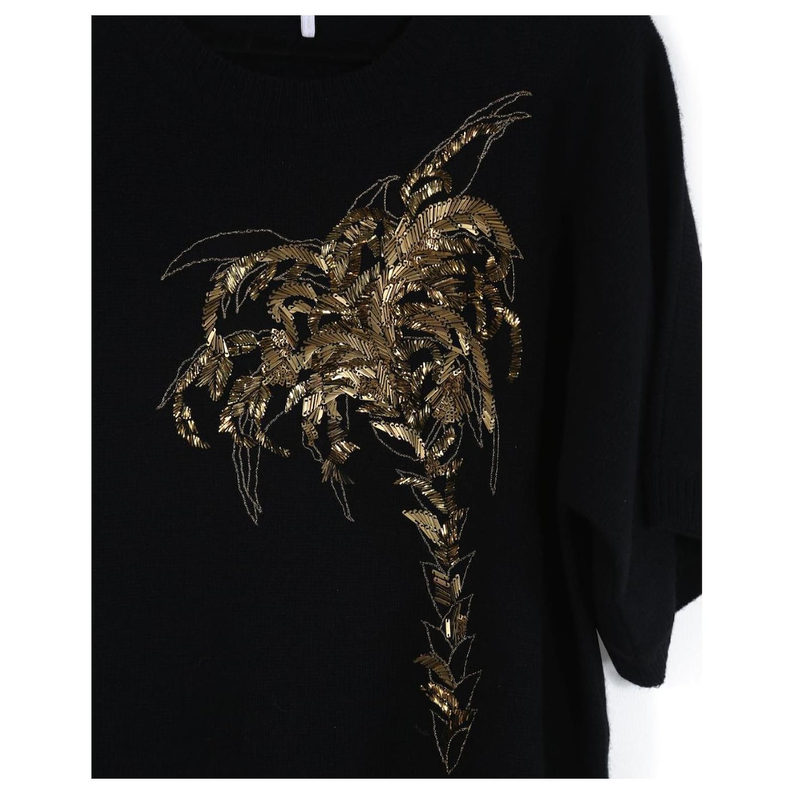 Chloé Chloe Black Wool With Gold Beaded Palm Tree Robe pull Laine Noir ...
