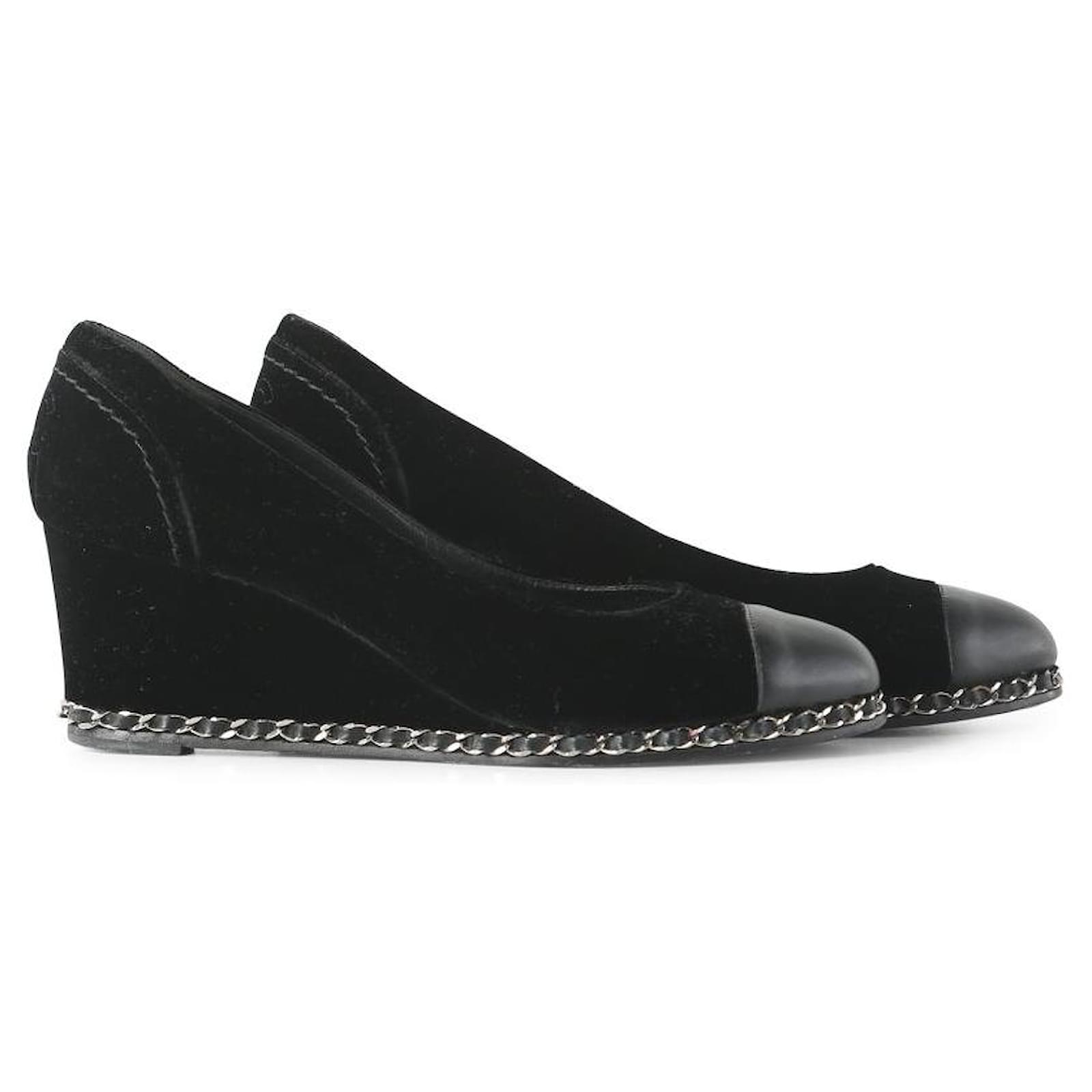 Chanel Black Velvet & Leather Chain Cap Toe Wedge Pumps (Sold) - Joli ...