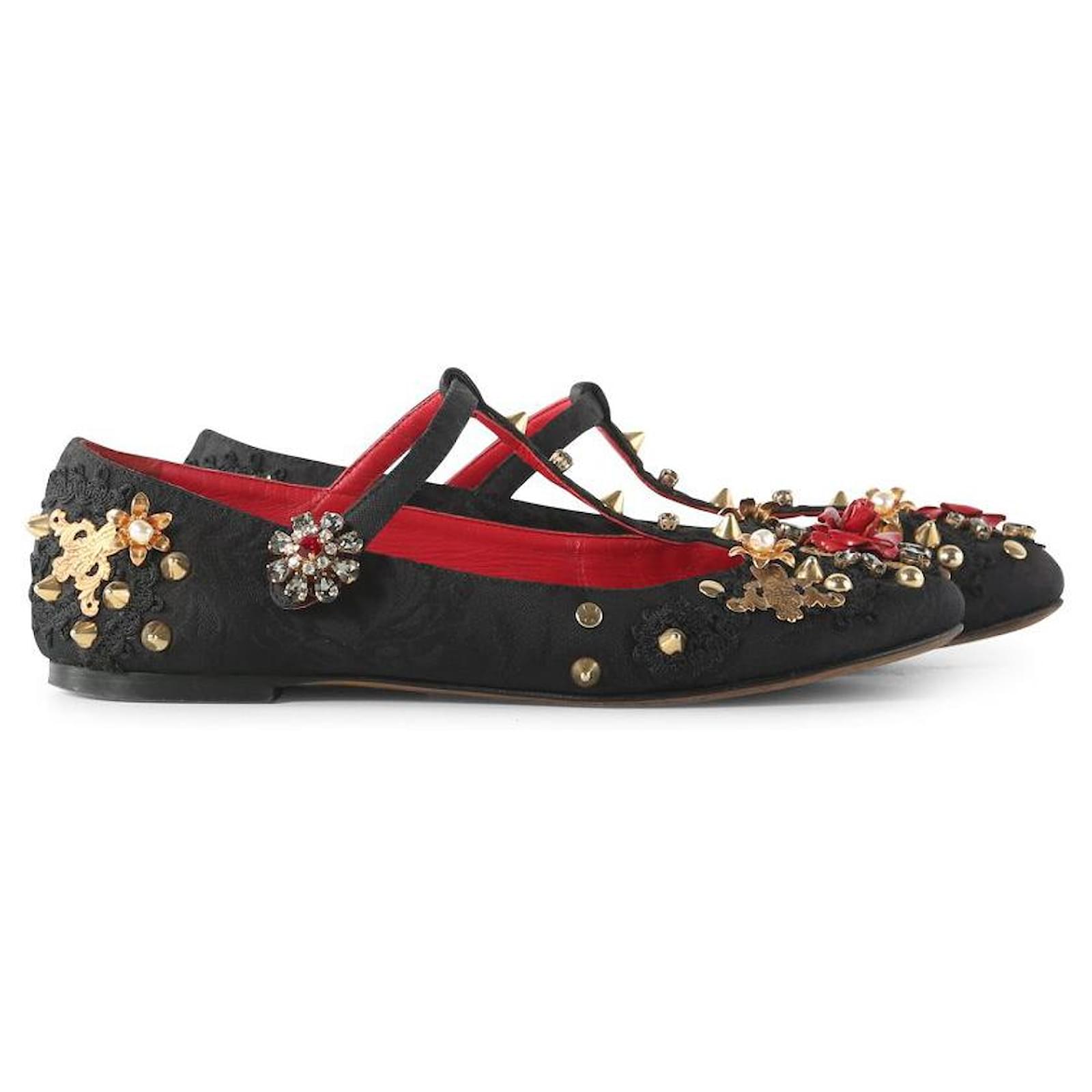 Dolce & Gabbana Black Brocade Embellished Mary Jane Ballerina Flats ...