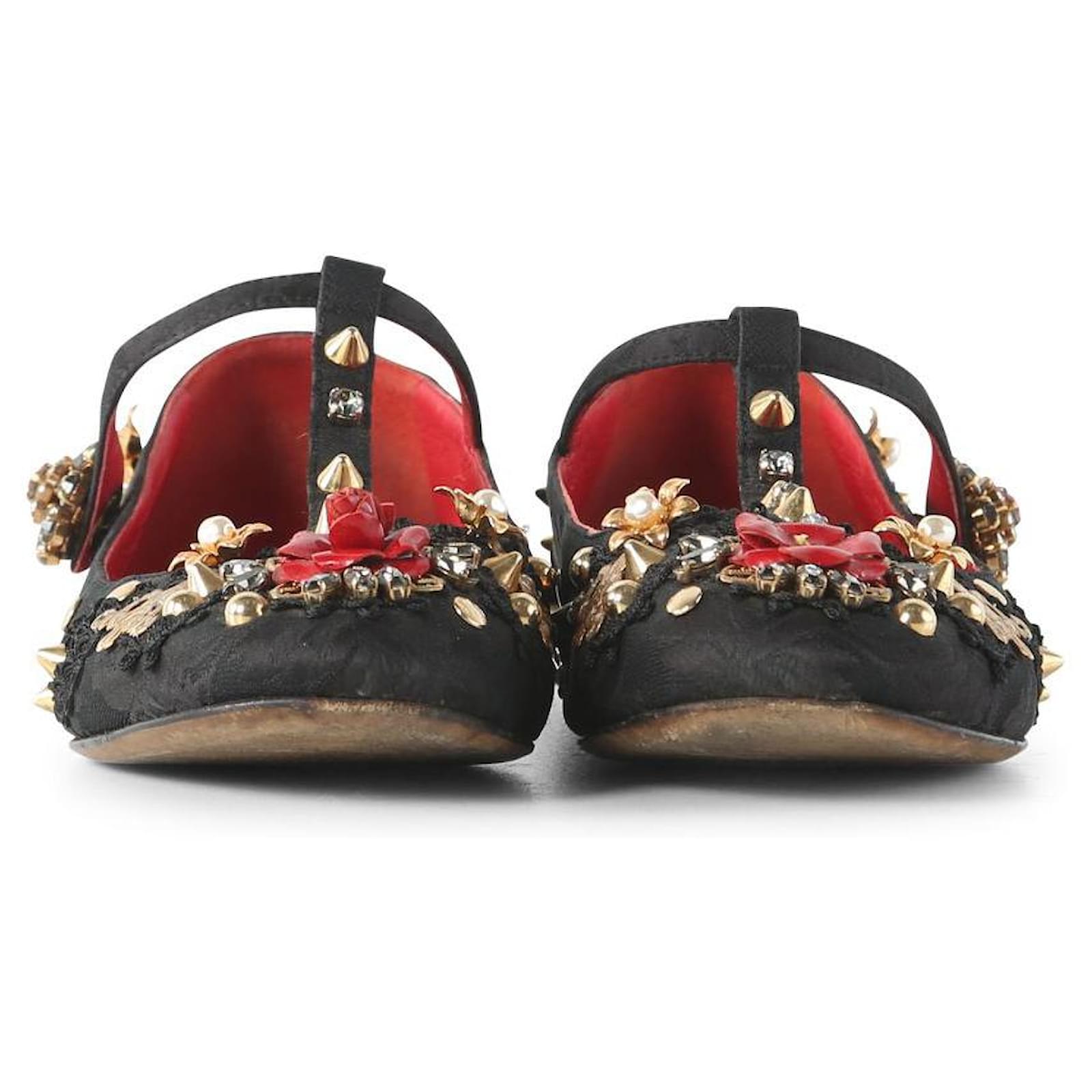 Dolce & Gabbana Black Brocade Embellished Mary Jane Ballerina Flats ...