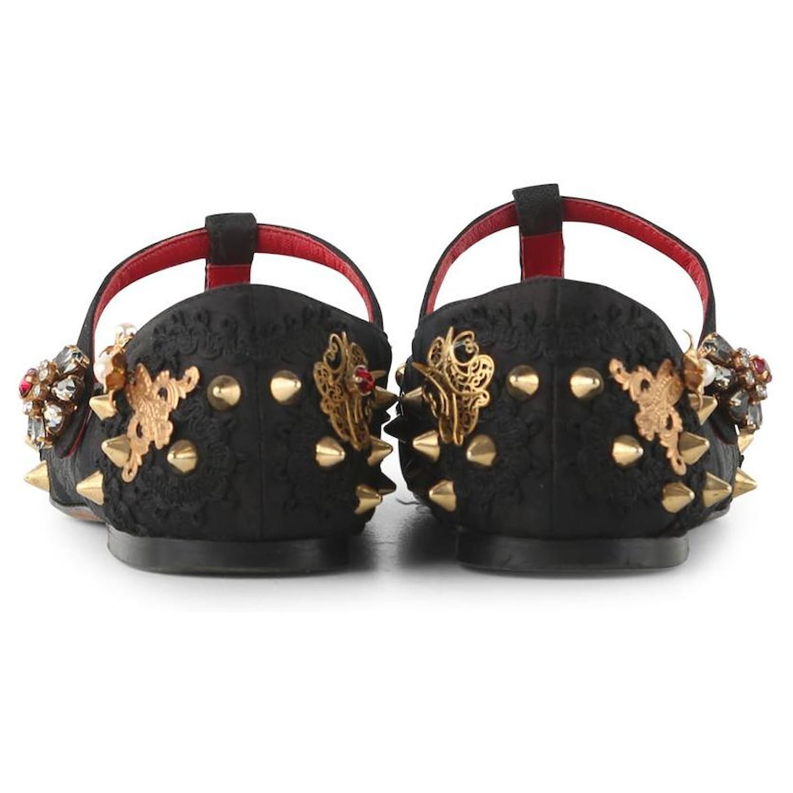 Dolce & Gabbana Black Brocade Embellished Mary Jane Ballerina Flats ...
