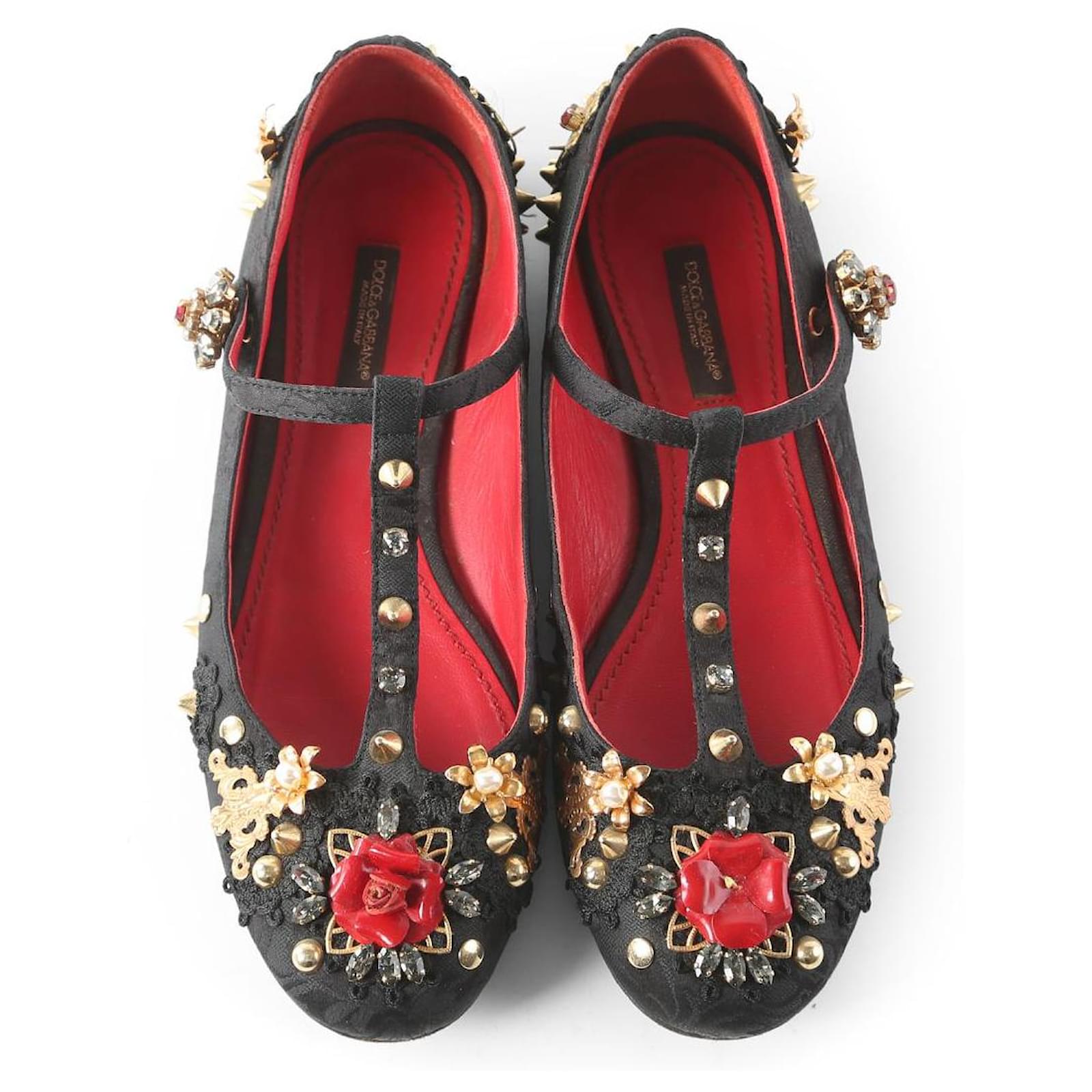 Dolce & Gabbana Black Brocade Embellished Mary Jane Ballerina Flats ...