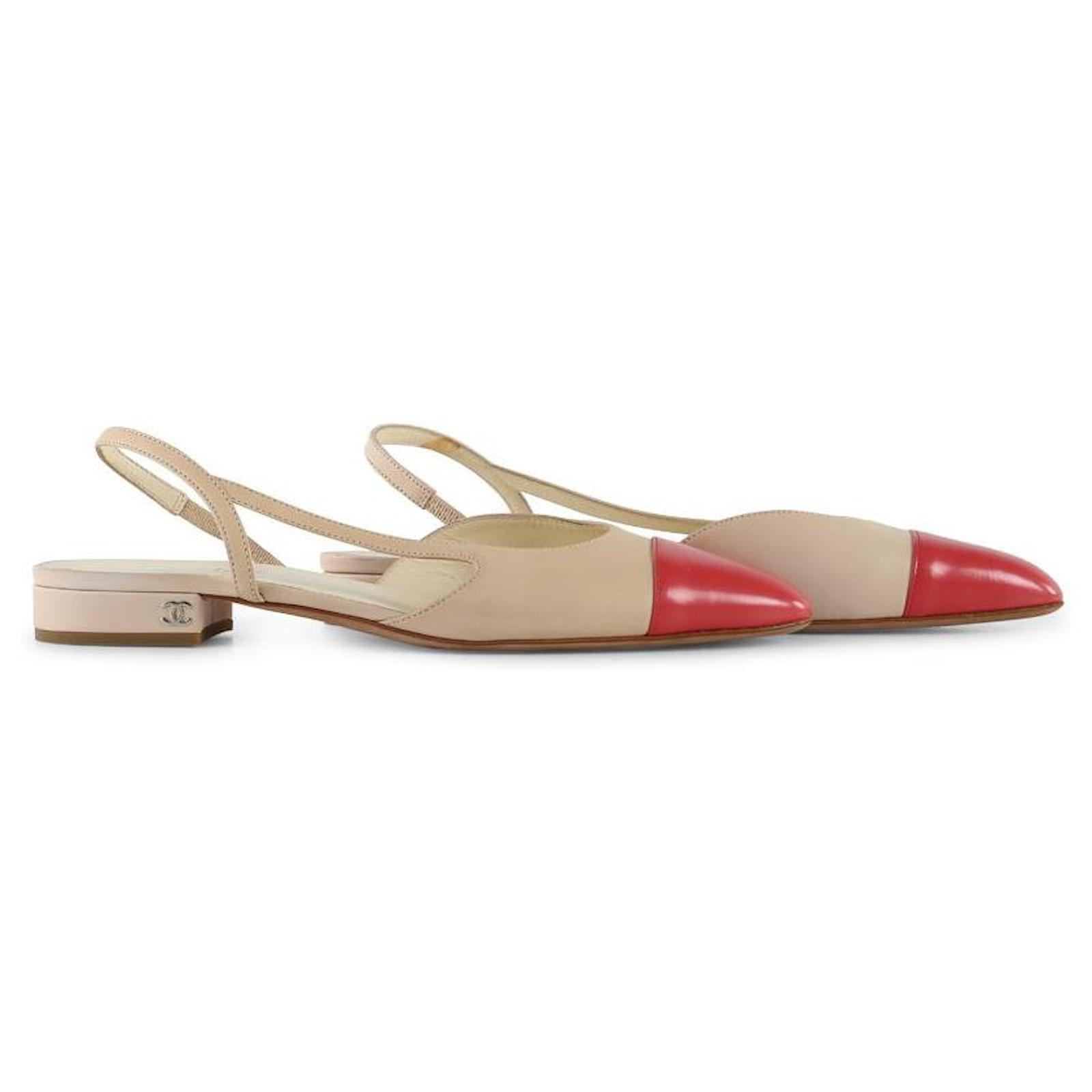 Chanel Beige/Coral Leather Cap Toe Slingback Flats ref.792810 - Joli Closet