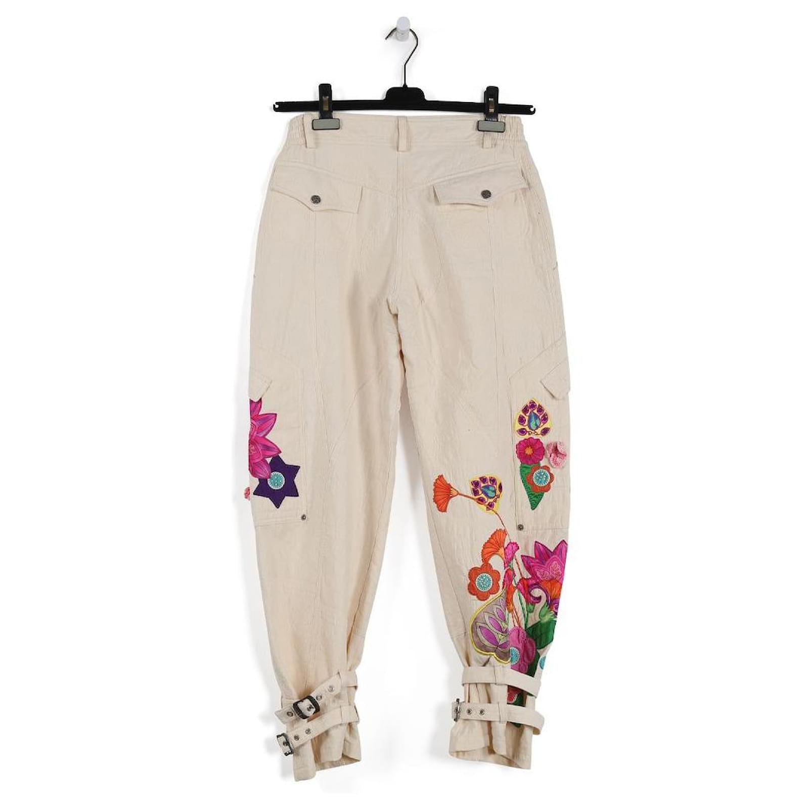 Christian Dior - Pantalon cheville en coton beige avec broderie florale ...