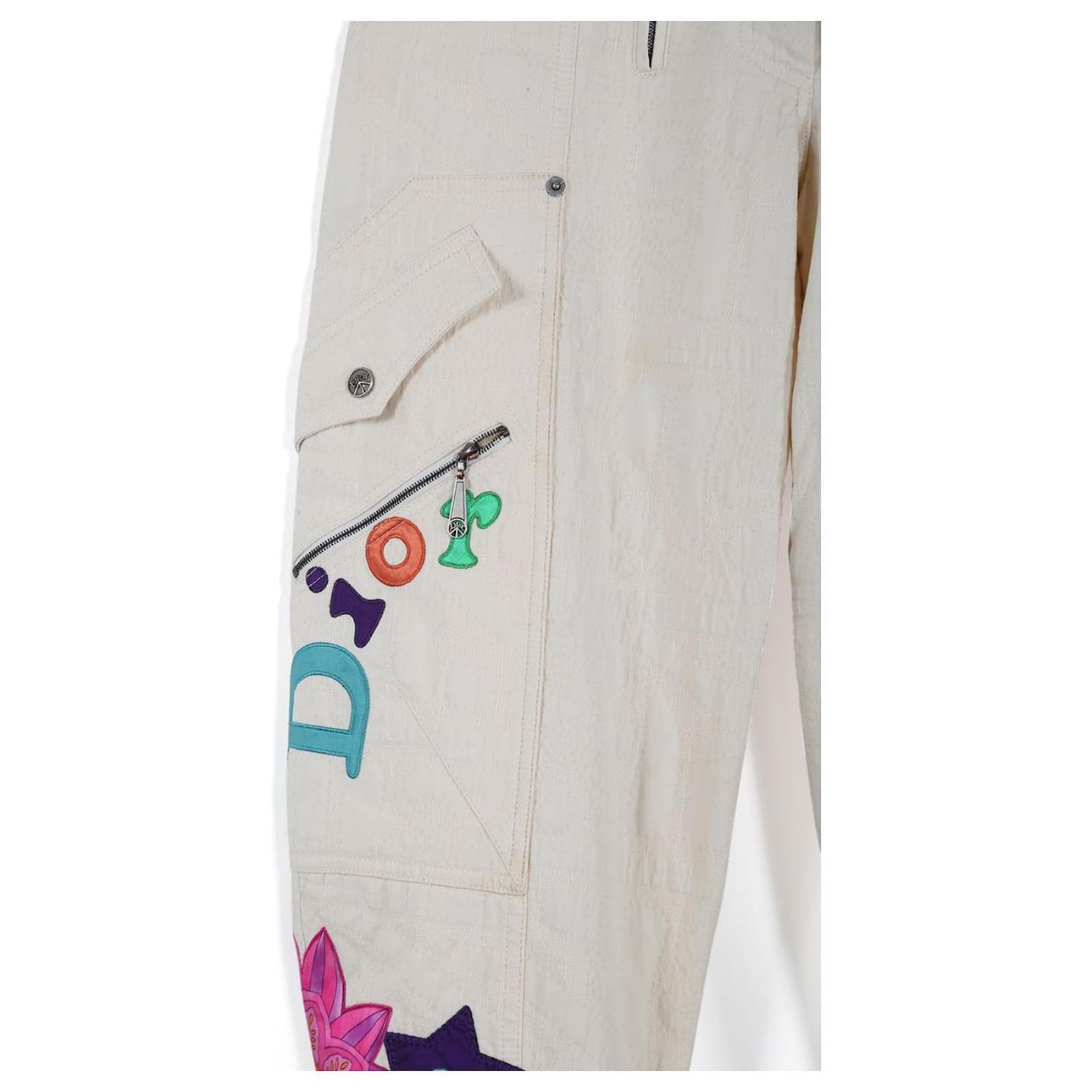 Christian Dior - Pantalon cheville en coton beige avec broderie florale ...