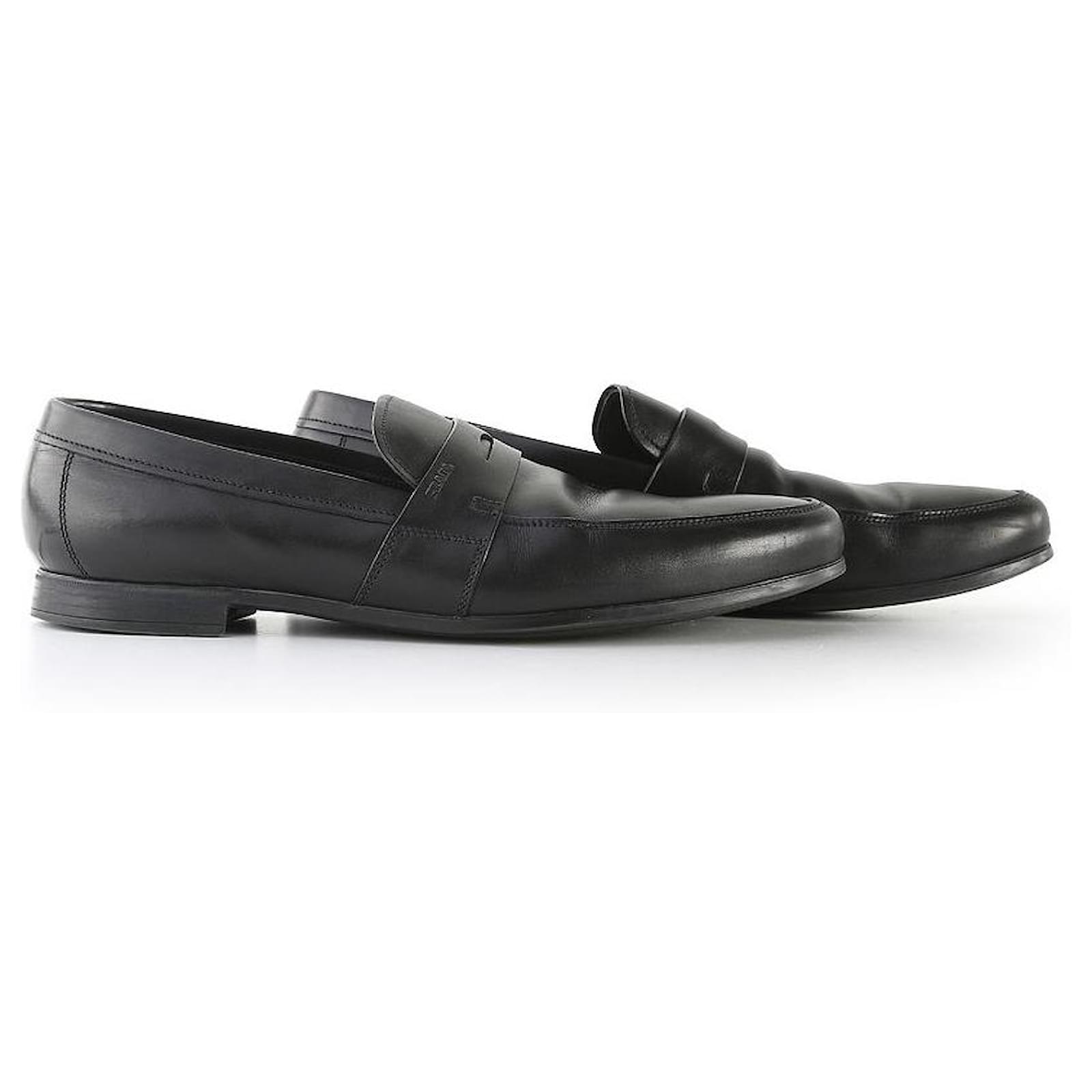 Prada Black Calfskin Leather Almond Toe Loafers Pony-style calfskin ref ...