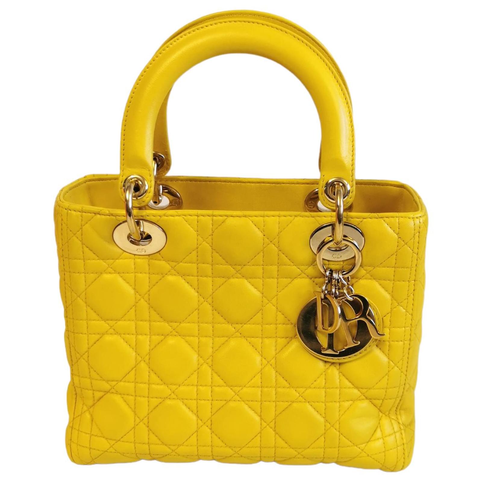 Dior Lady Dior Medium Yellow Cannage Quilted Leather Gold ref.803653 ...