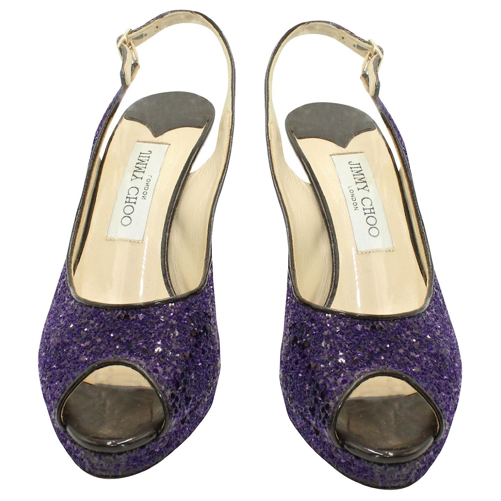 Jimmy Choo Purple Glitter Peep-Toe Slingback Heels Leather ref.806577 - Joli Closet