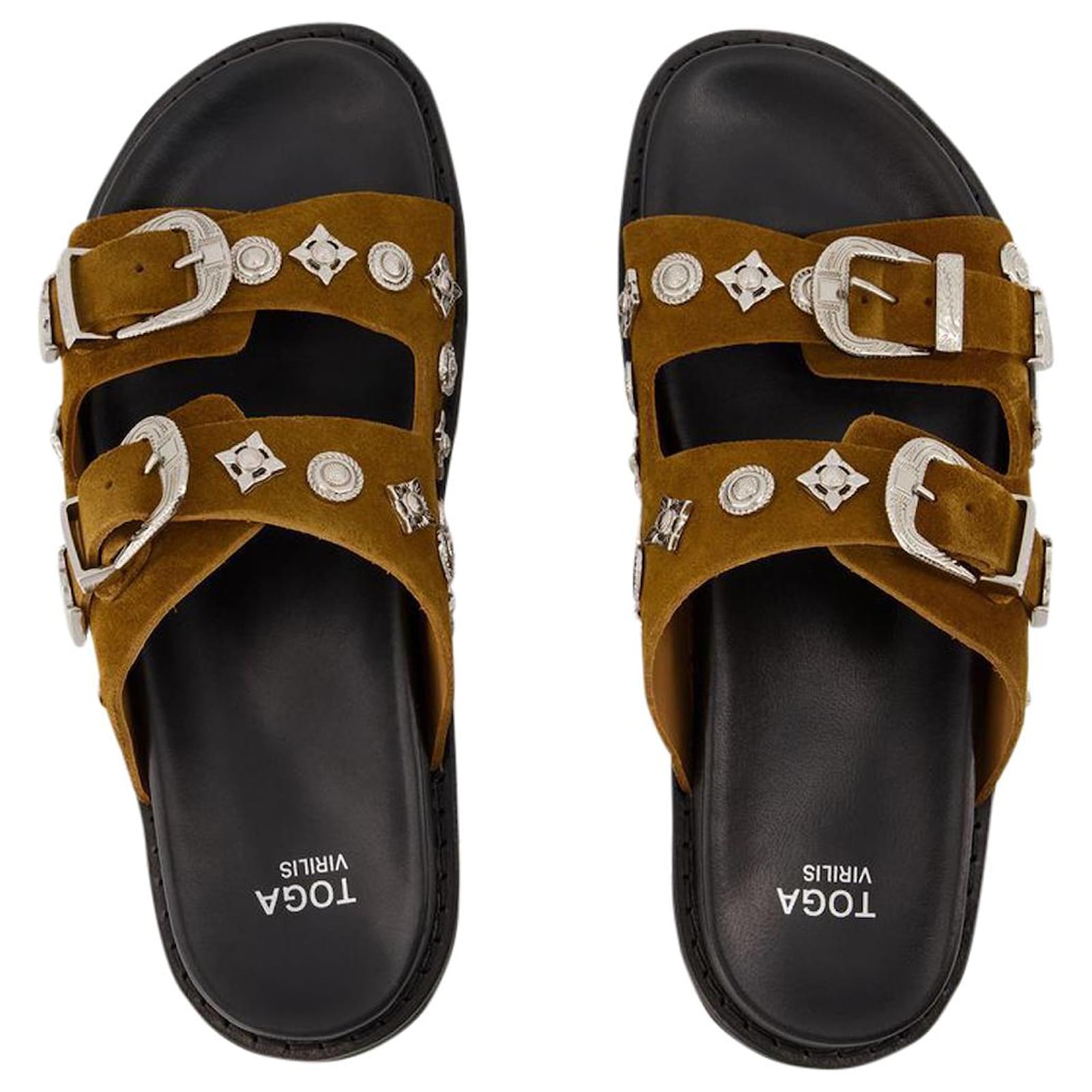 Toga Pulla AJ830 Slides - Toga Virilis - Khaki - Suede Green Leather ...