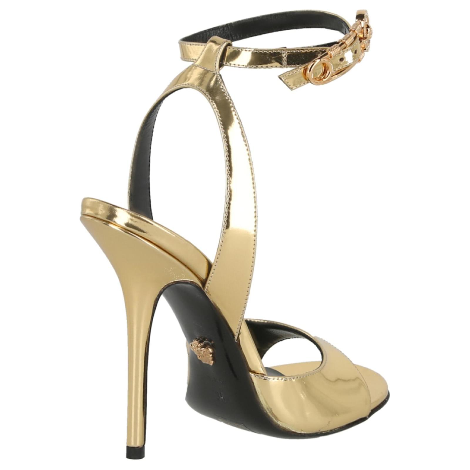 Versace Safety Pin Heel Sandals Golden Metallic Leather Pony-style ...