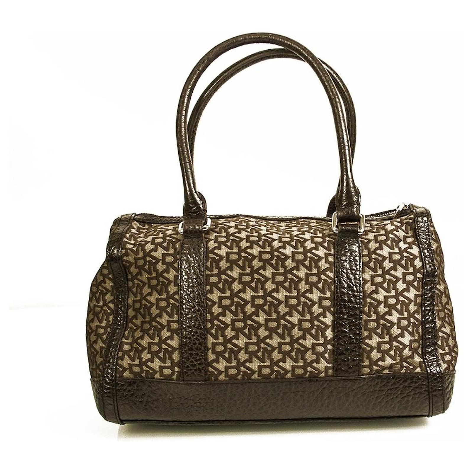 Donna Karan DKNY Signature Brown Canvas Leather Satchel Handbag bag Det ...