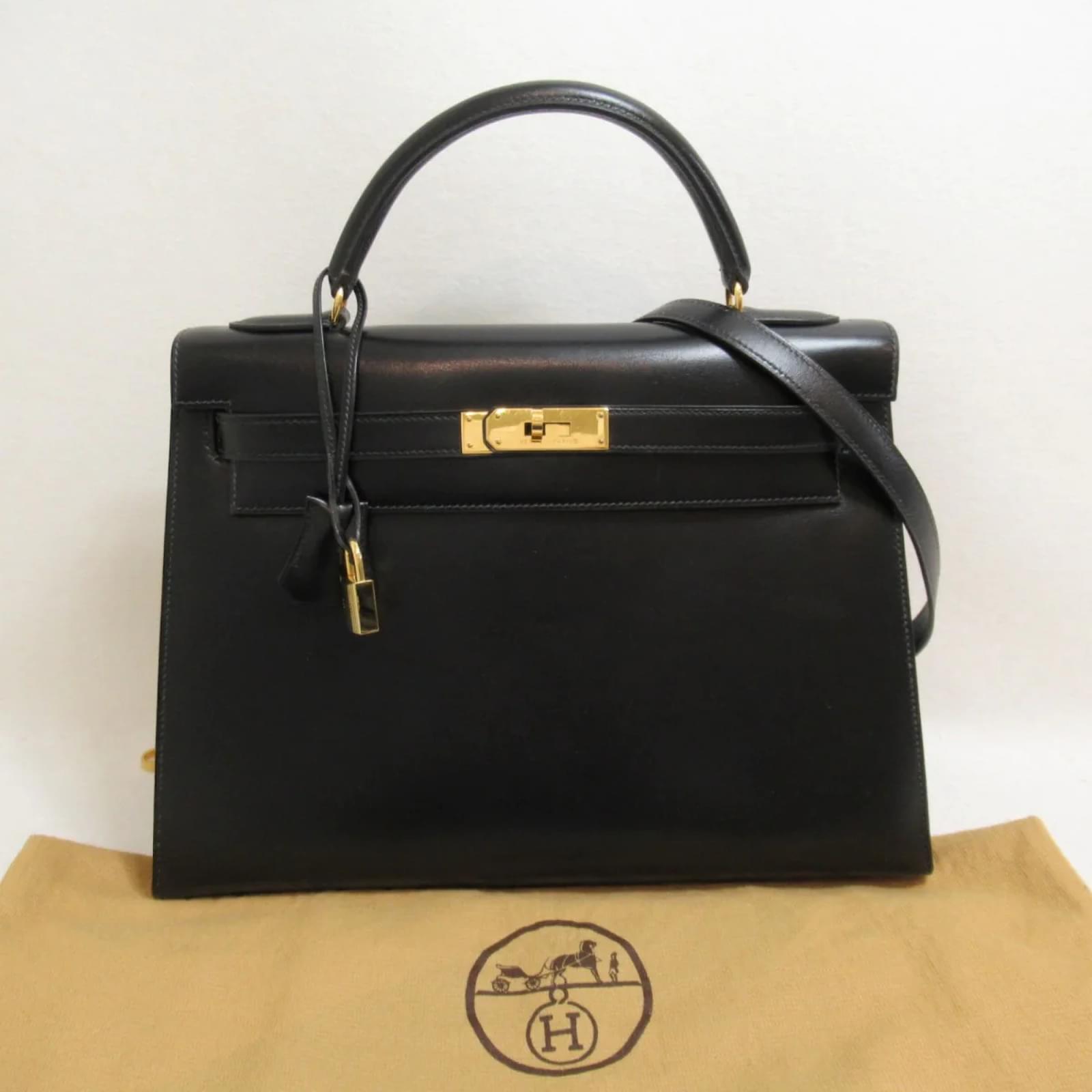 Hermès Box Calf Kelly 32 Black Leather Pony-style calfskin ref.845603 ...
