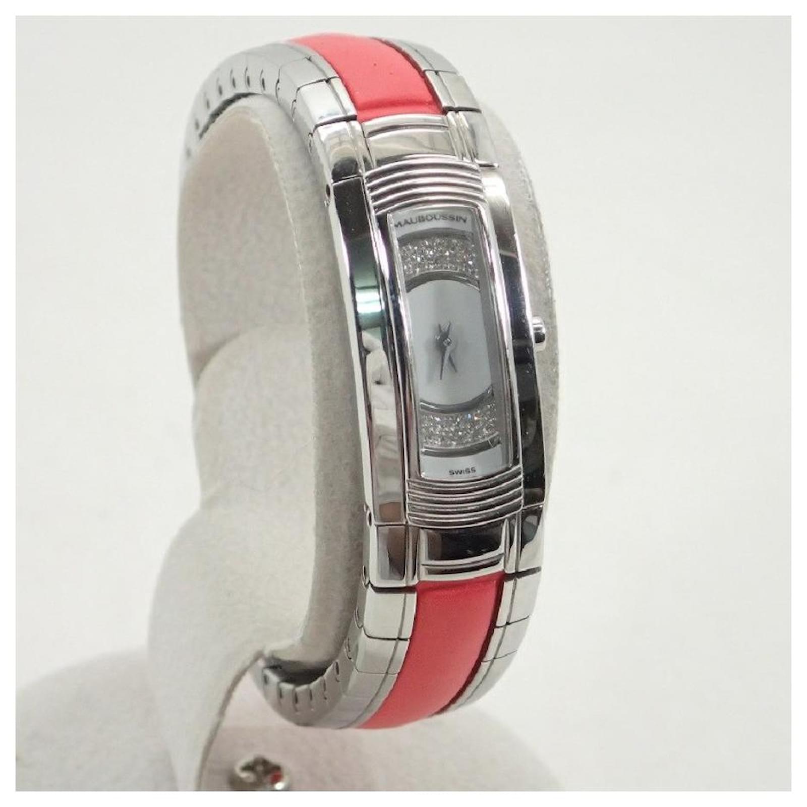 ***Mauboussin Fugue Ladies Quartz Watch Silvery Pink Steel Rubber ref ...