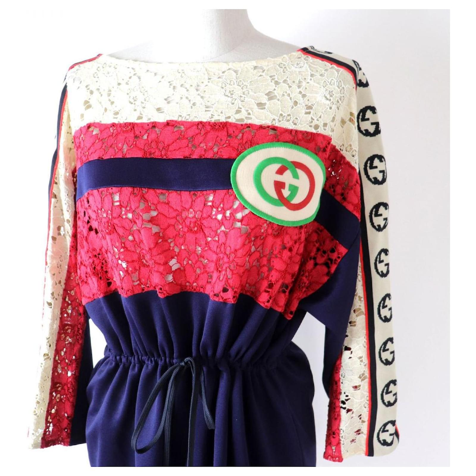 *Gucci Embroidered Striped Dress/Interlocking G One Piece Multi XS With ...