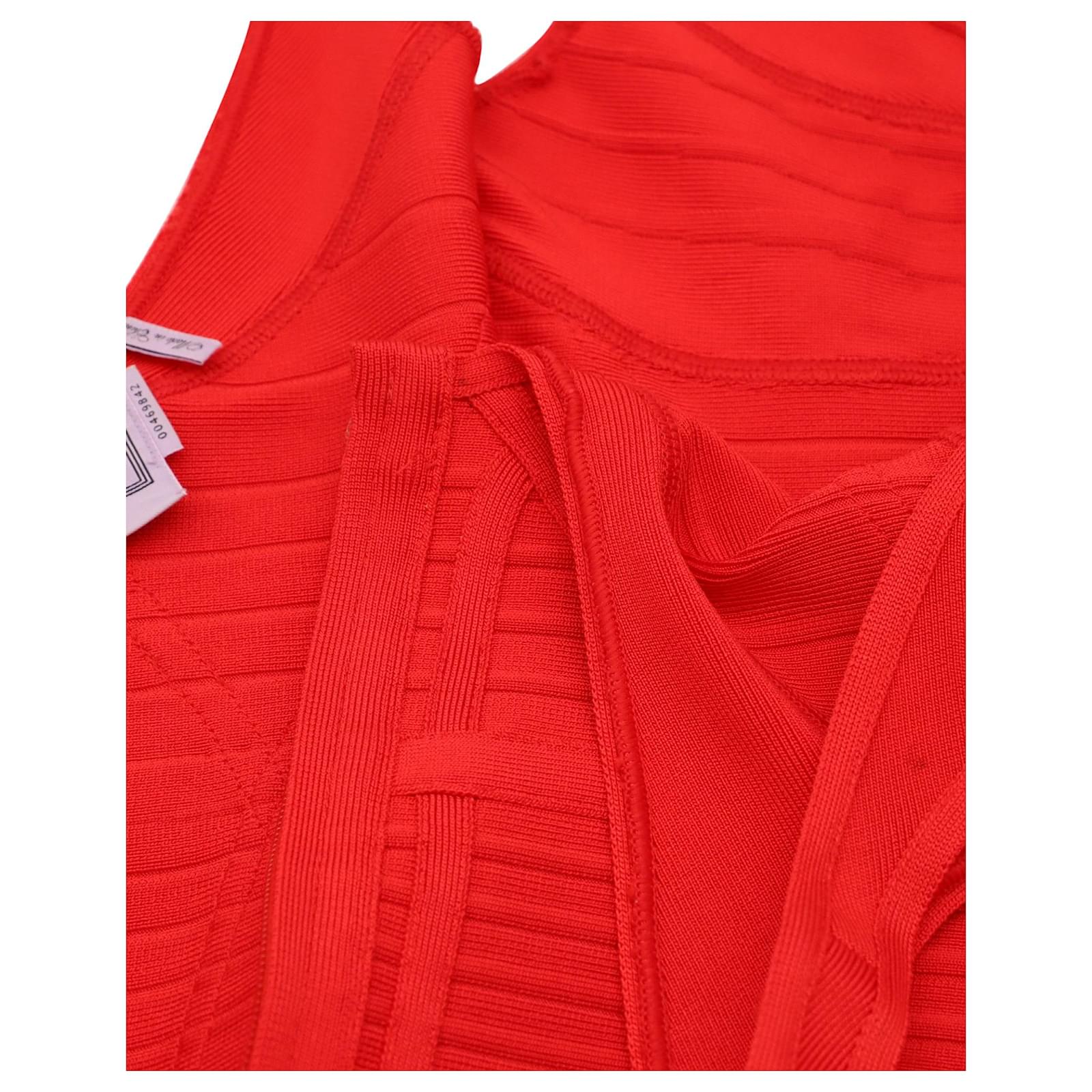 Herve Leger Christina Fluted Bandage Dress in Red Rayon Cellulose fibre ...