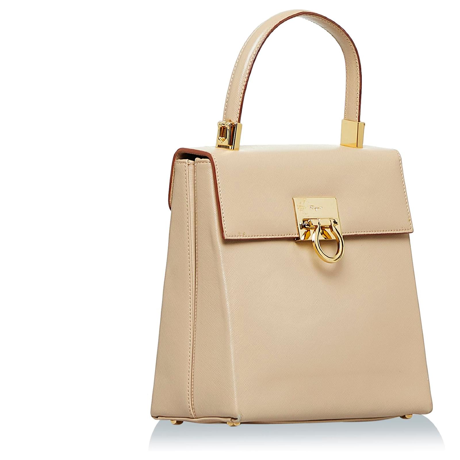 Salvatore Ferragamo Ferragamo Brown Gancini Satchel Beige Leather Pony ...
