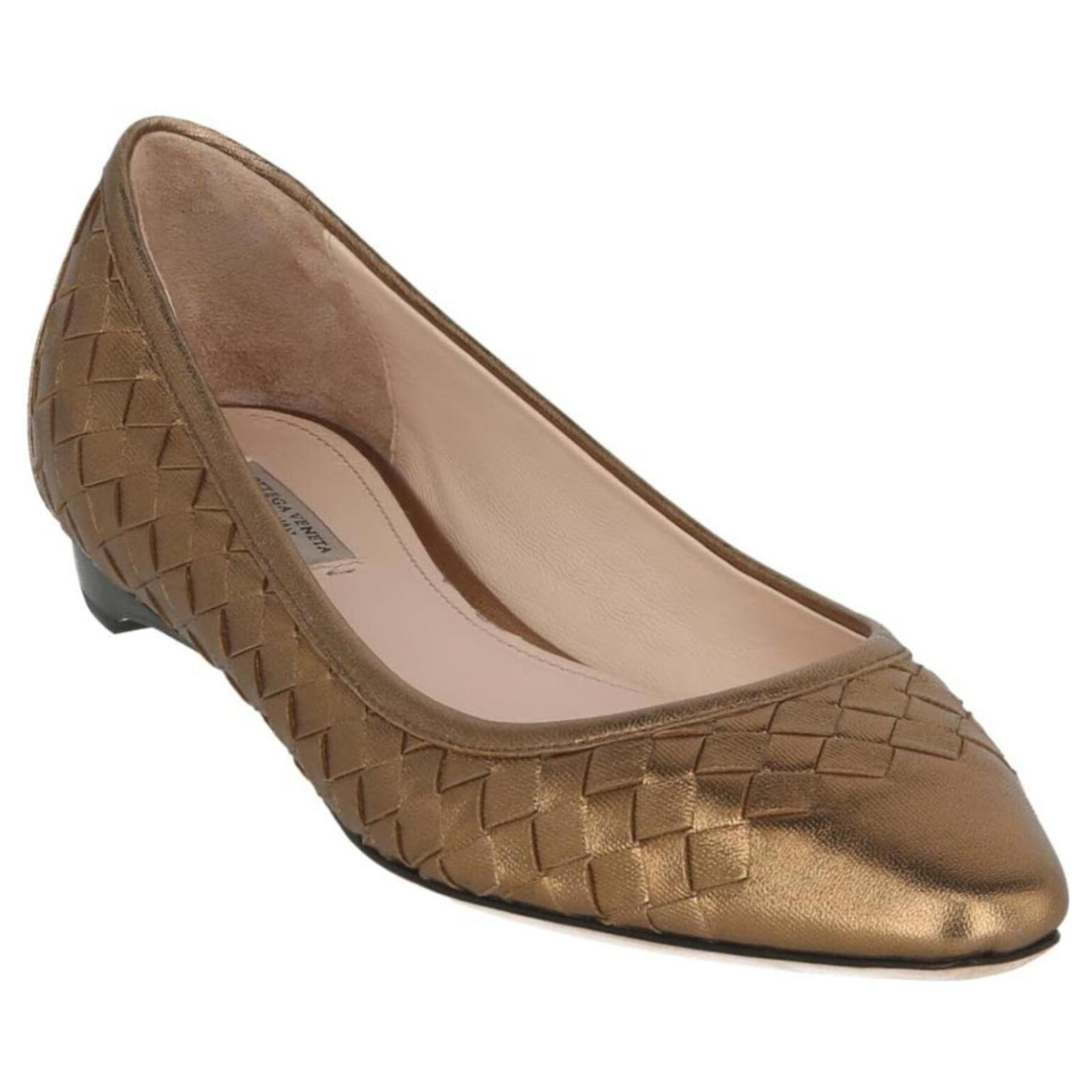 Bottega Veneta Intrecciato Leather Ballet Flats Golden Metallic ref ...