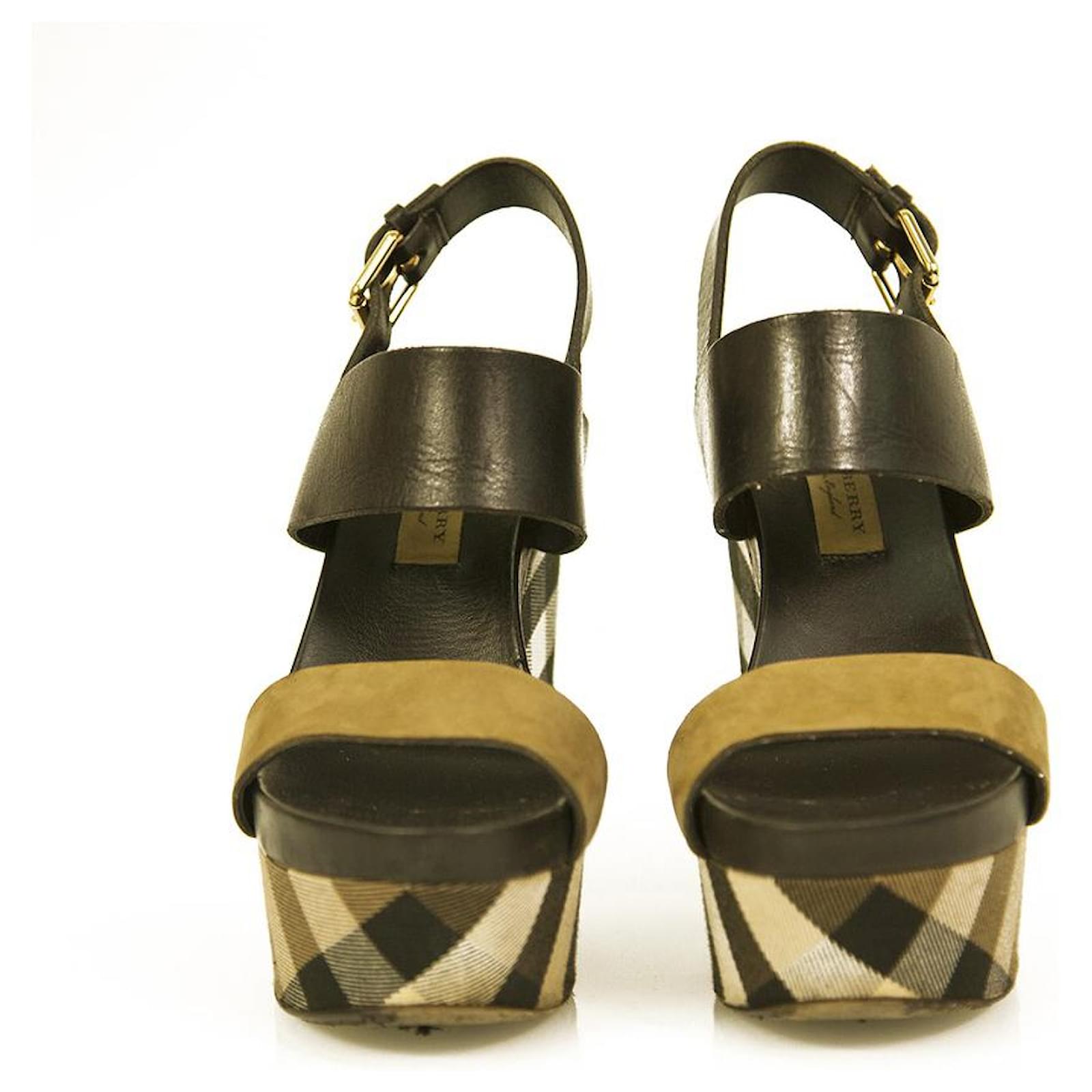 Burberry Signature Check Canvas & Leather Platform Sandals High Heels ...