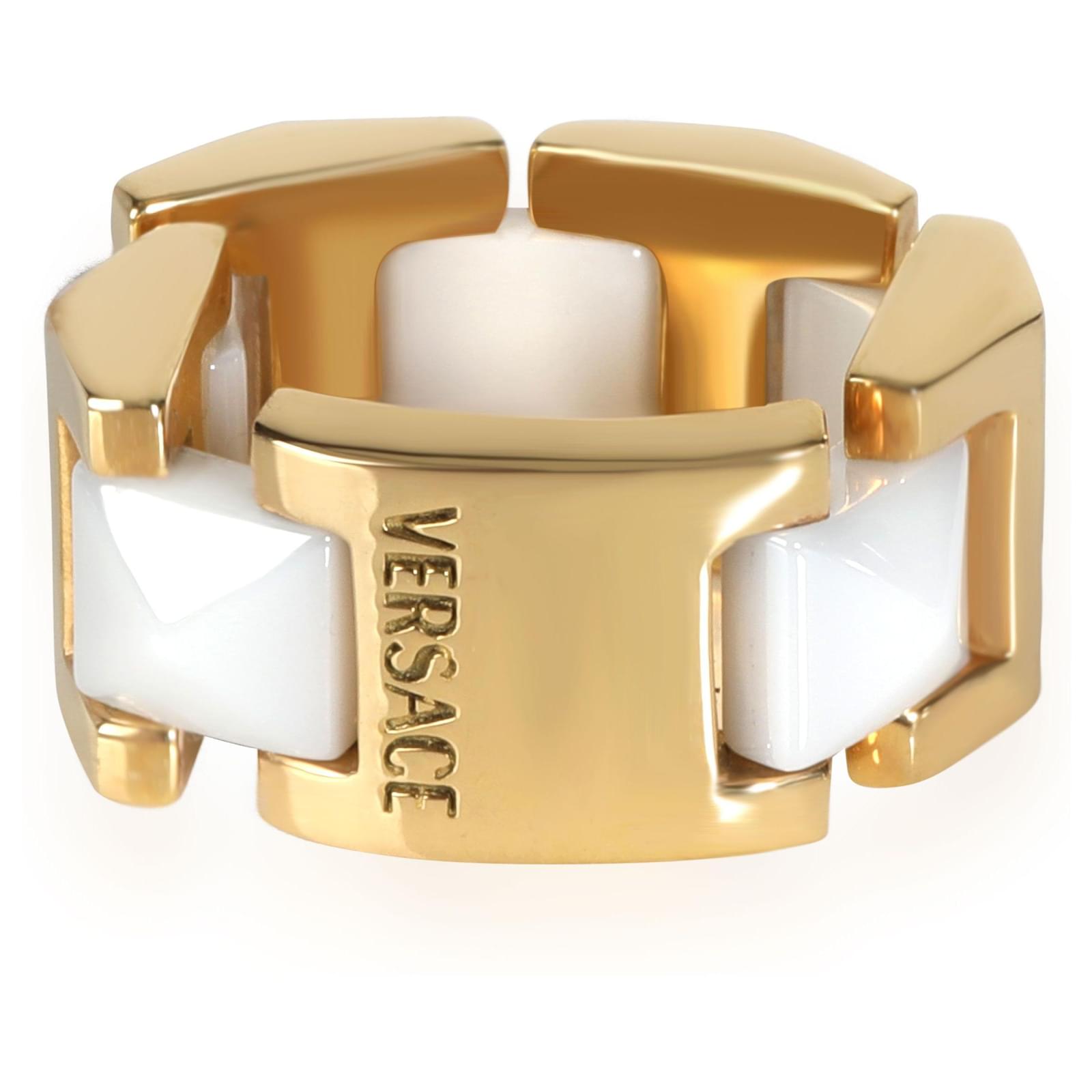 Versace Bague Flexible Pyramides en Céramique Blanche en 18K or jaune ...