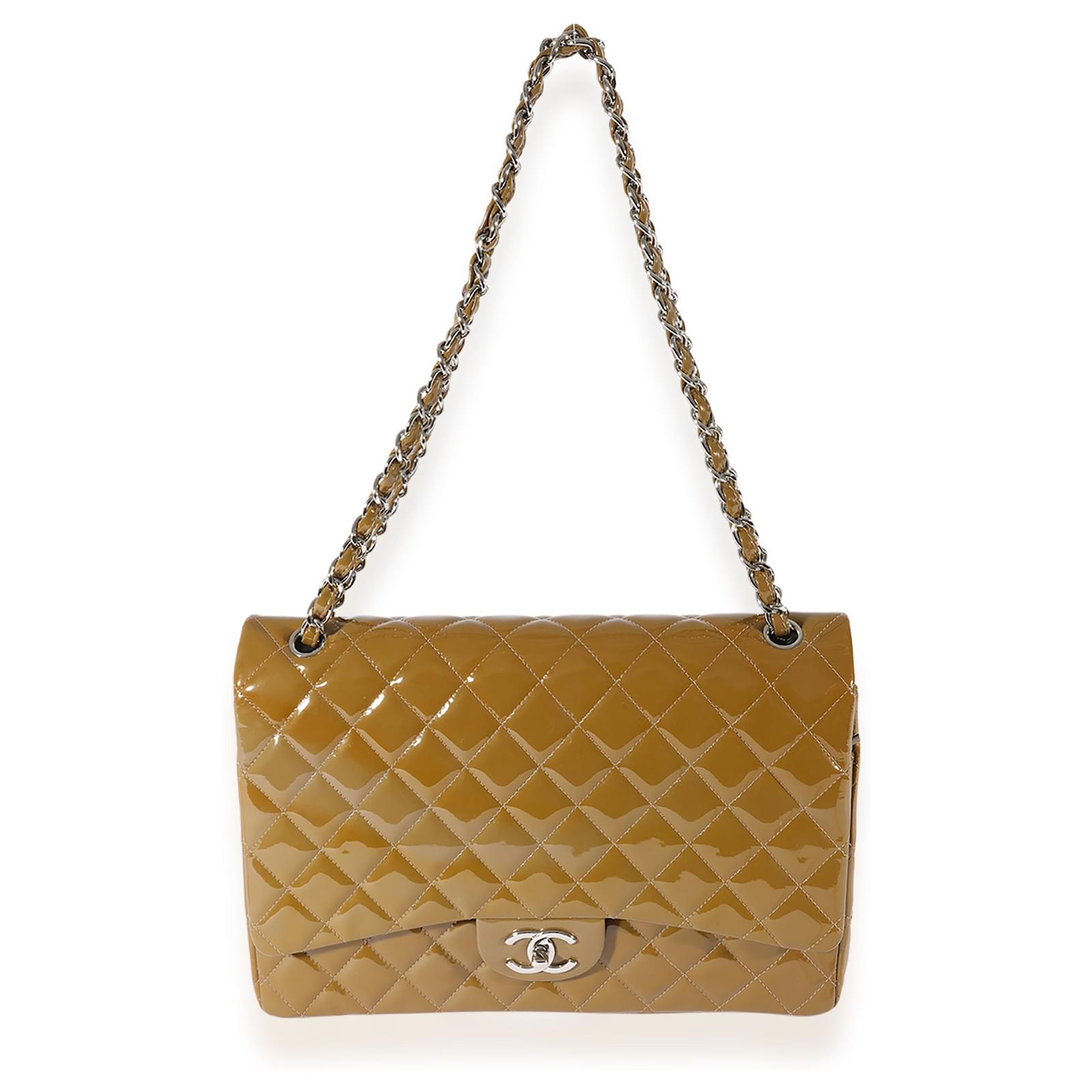 Timeless Chanel Tan Quilted Patent Leather Maxi Double Flap Beige ref ...