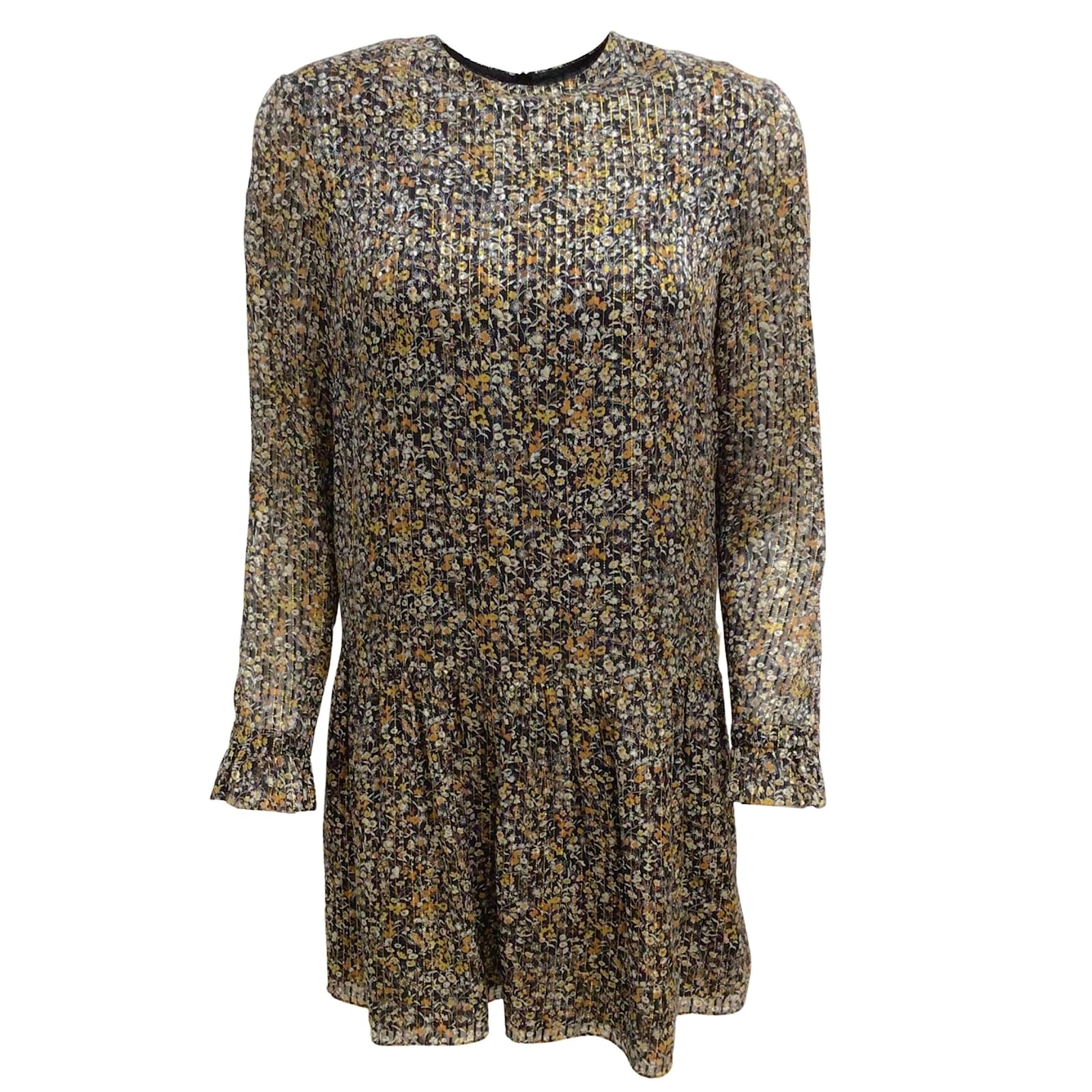 Céline Noir / Robe de cocktail en soie à manches longues et imprimé ...